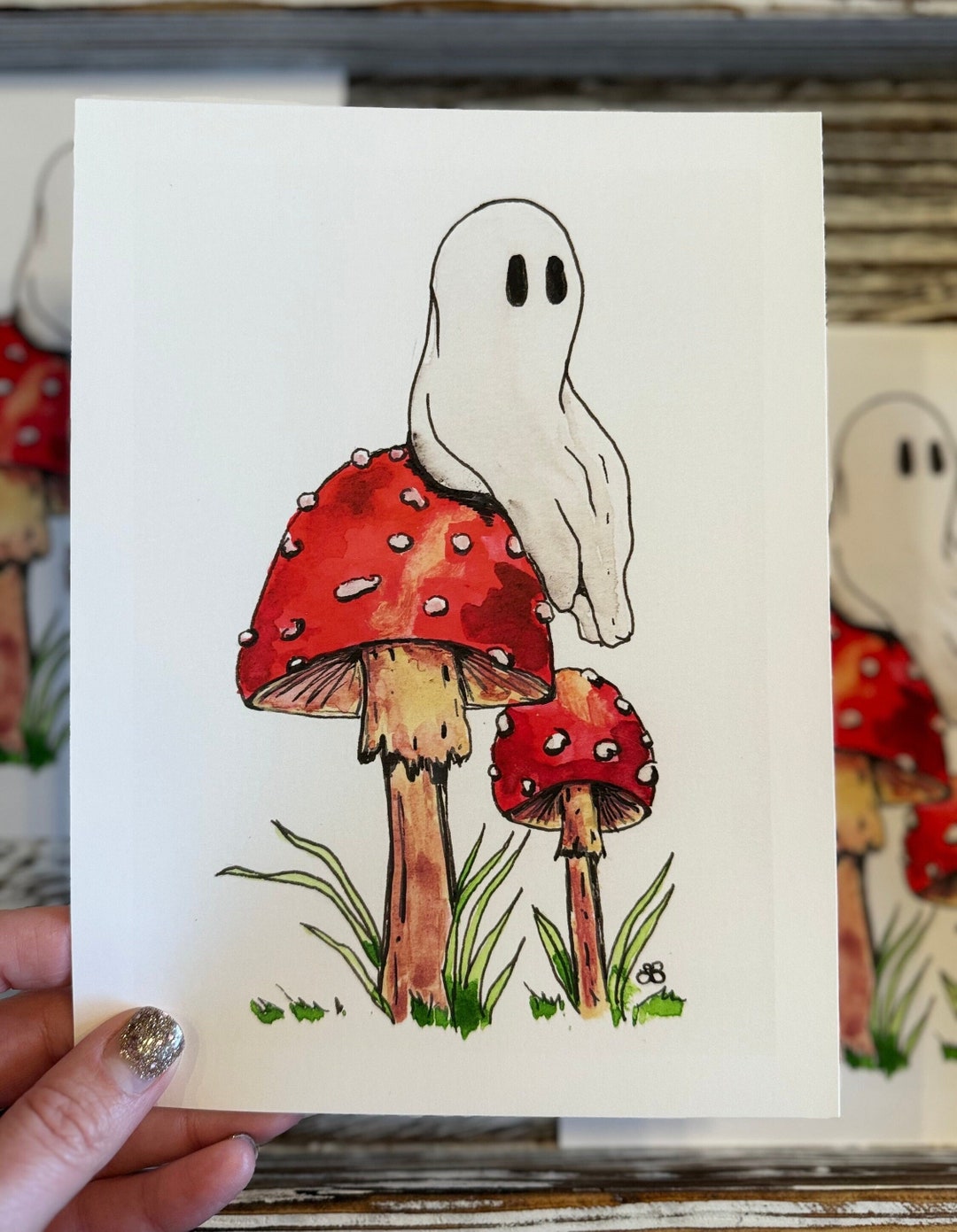 Ghost Watercolor Art Print Sitting on a Mushroom, Giclee Art Print of a ...
