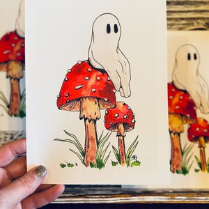 Ghost Watercolor Art Print Sitting on a Mushroom, Giclee Art Print of a ...