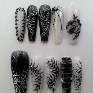 Centipede Silver Black Nails, Gothic Press on Nails, 3D Centipede Nails ...