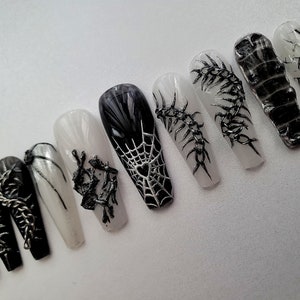 Centipede Silver Black Nails, Gothic Press on Nails, 3D Centipede Nails ...