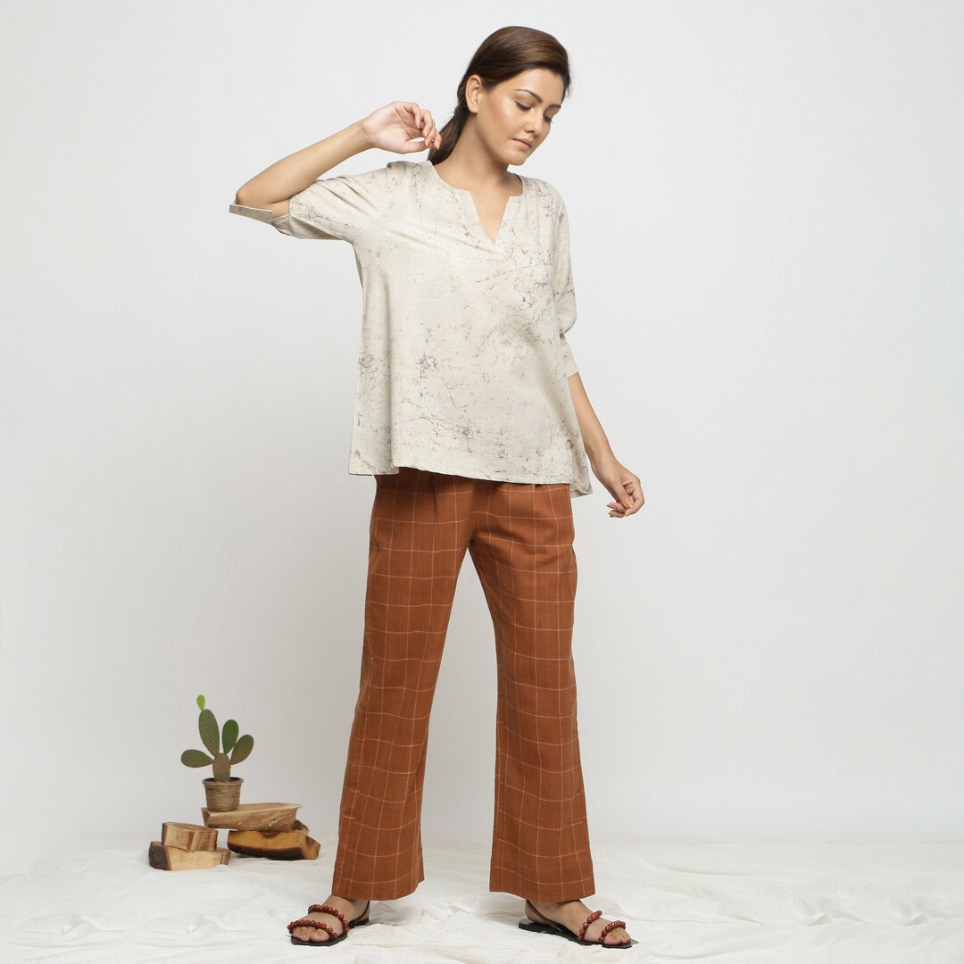 Beige 100% Cotton Dabu Block Print Top, Split Neck A-line Top ...