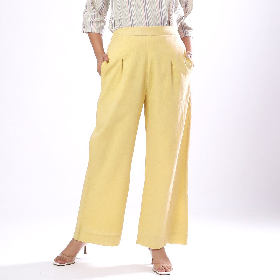 Handspun 100% Cotton Light Yellow Pant, Wide Legged Pant, Solid Mid ...