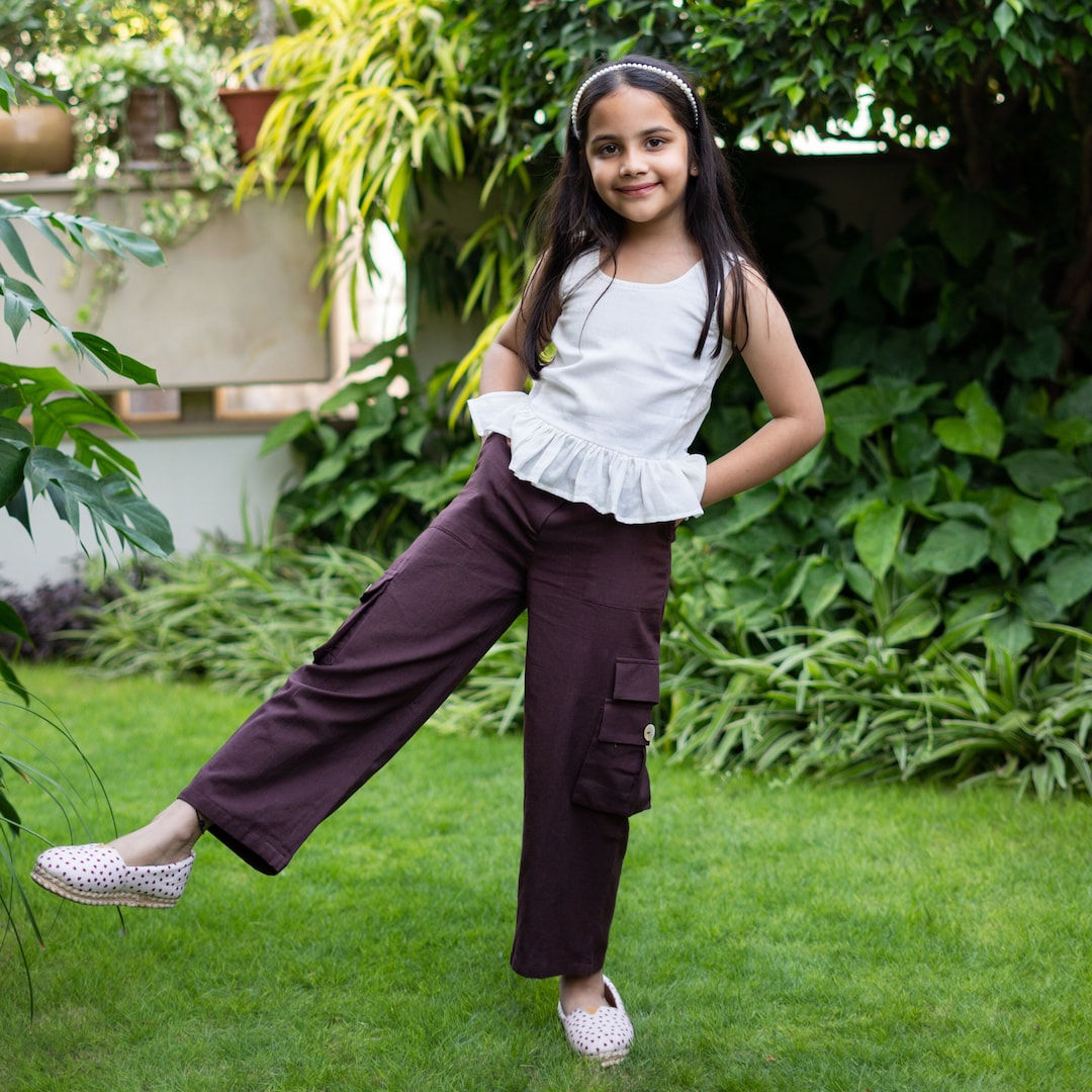 Brown Cargo Pant for Girls and Teens, Elasticated High-rise Cotton Flax ...