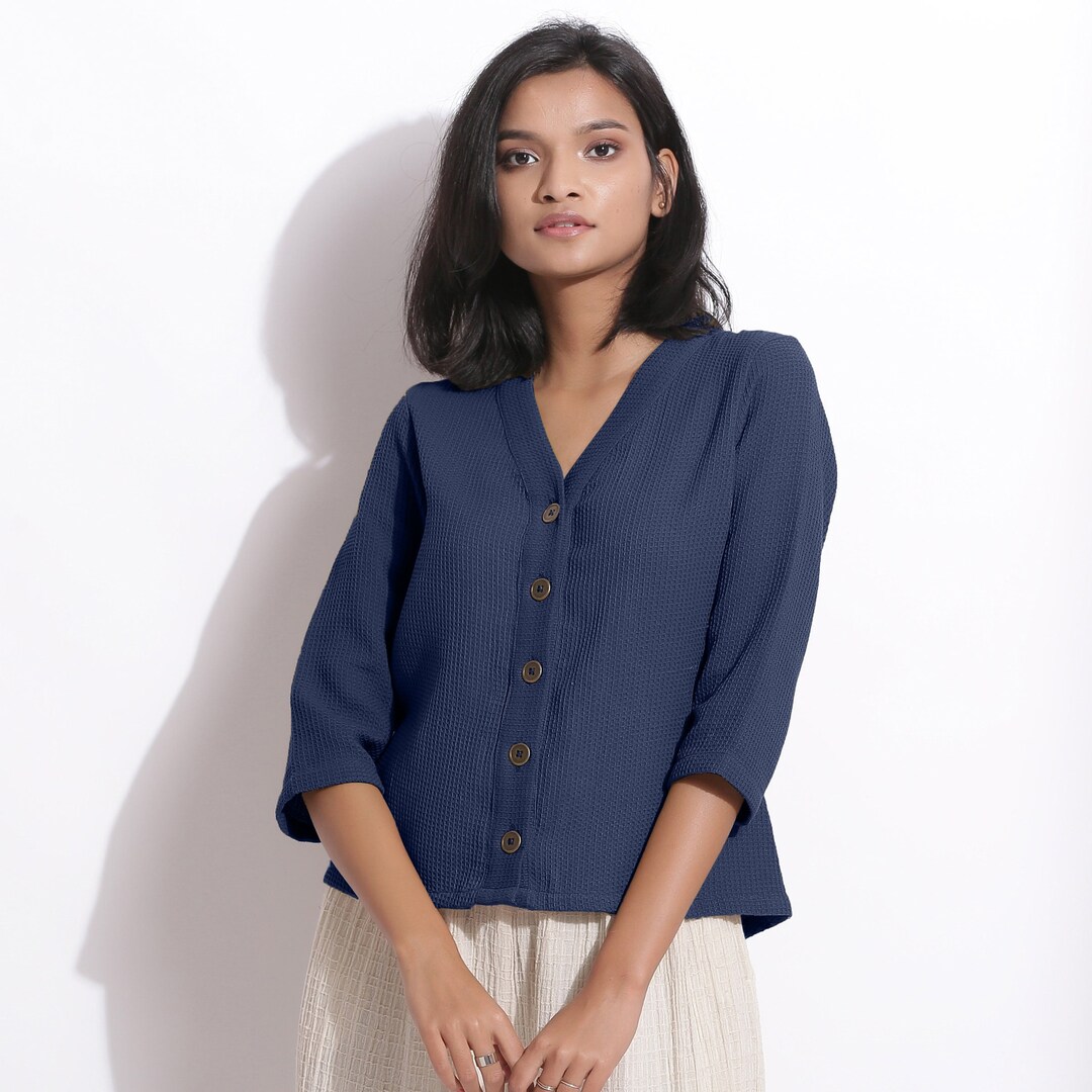 Navy Blue 100% Cotton Honeycomb Top, Button-down V-neck Relaxed Top ...