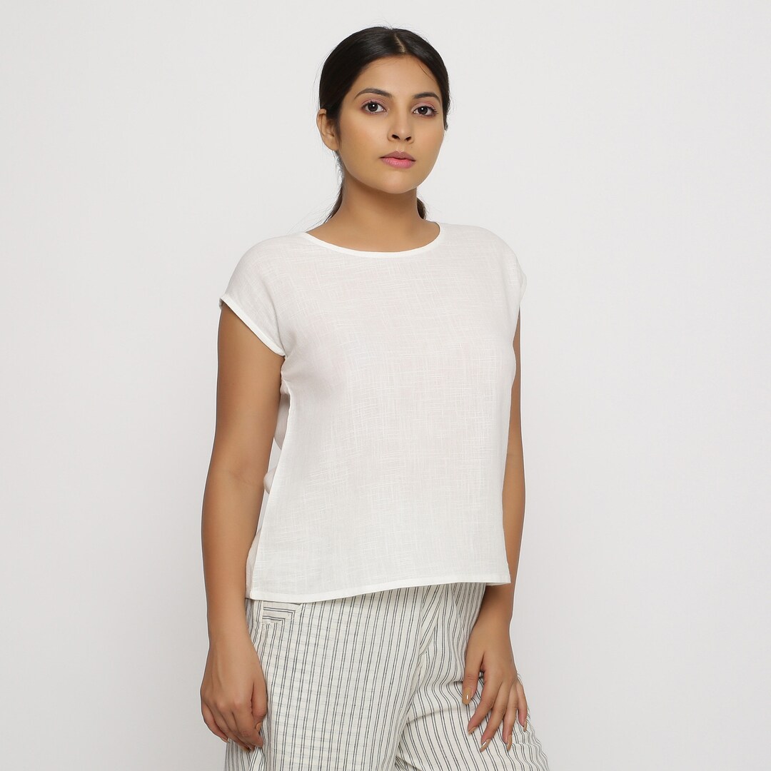 Round Neck 100% Cotton Top, Solid Pattern Top, Drop Shoulder Sleeves ...