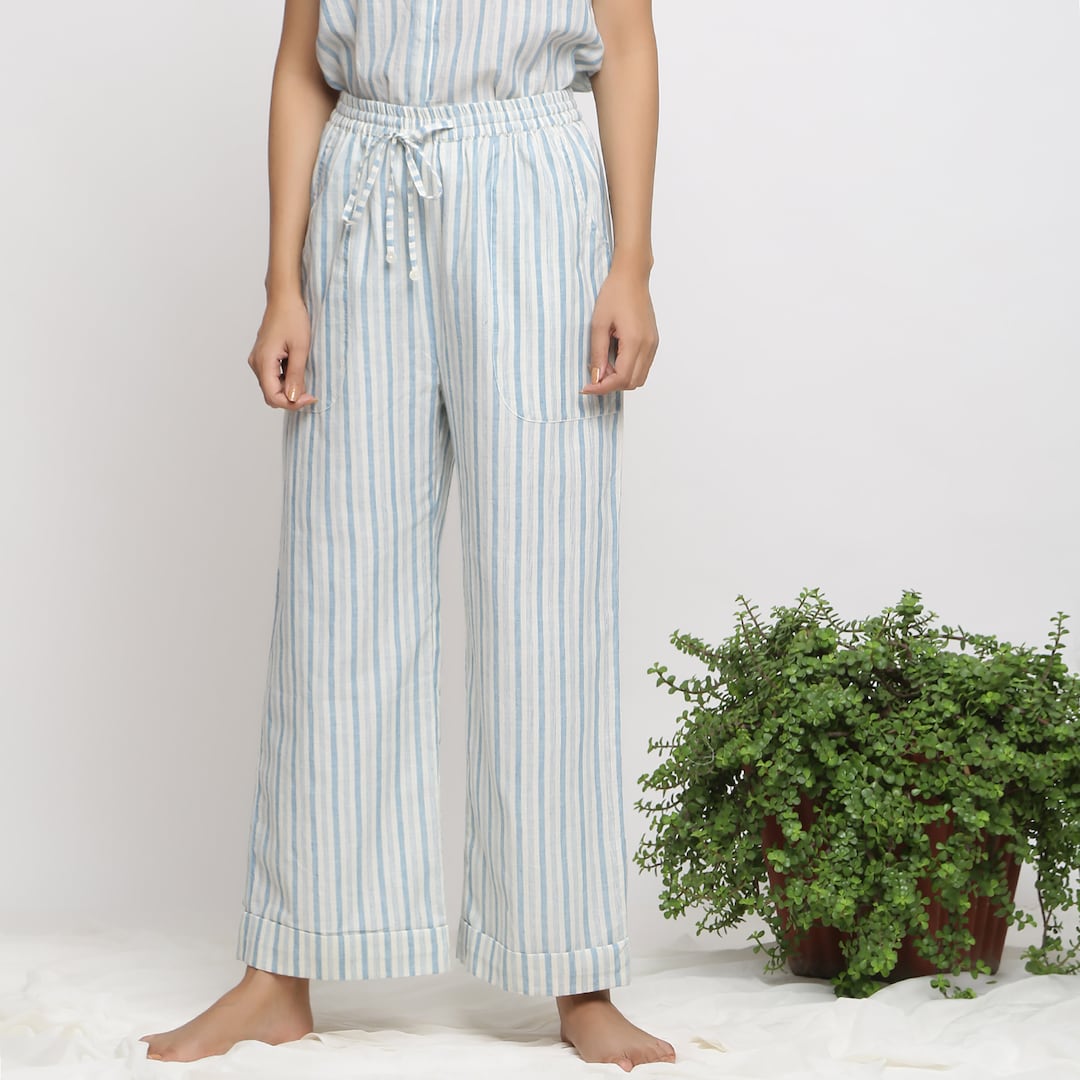 Sky Blue 100% Cotton Rolled up Pant, Pant With Pockets, Stripes Pant ...
