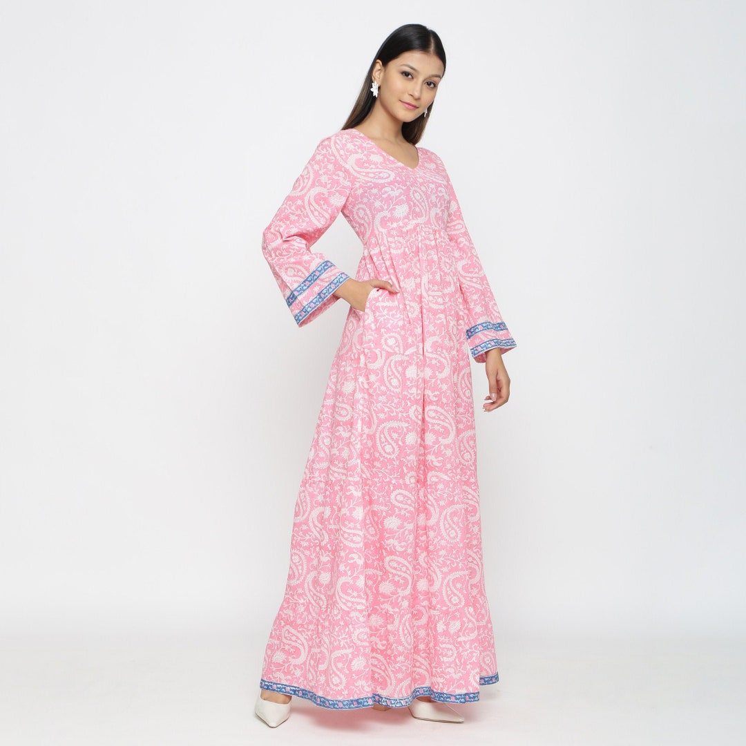 Pink Block Print Floor Length 100% Cotton Dress, Customizable Dress ...