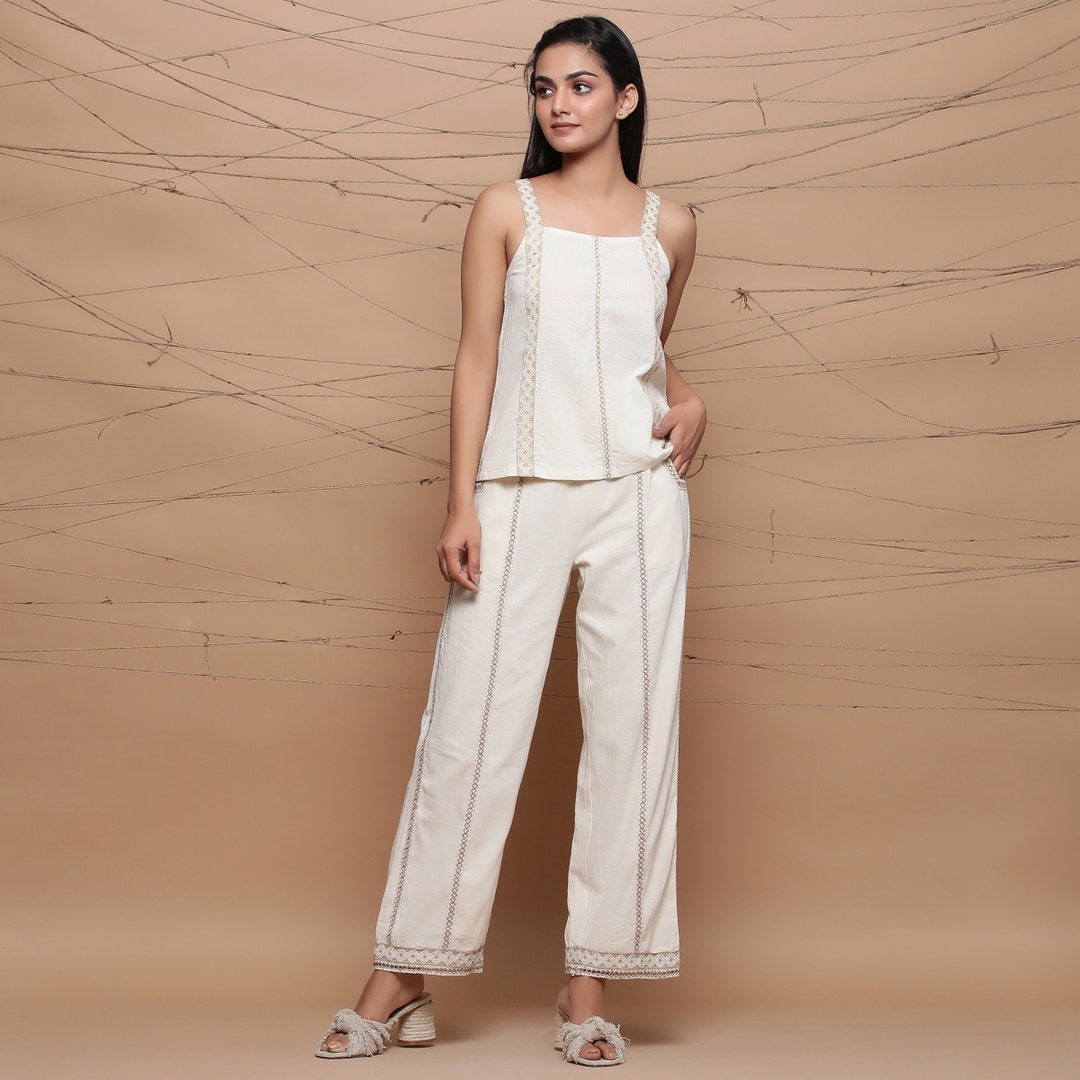 Handspun Jute Laced Tank Top and Pant Set, Cotton Muslin Co-ord Sets ...
