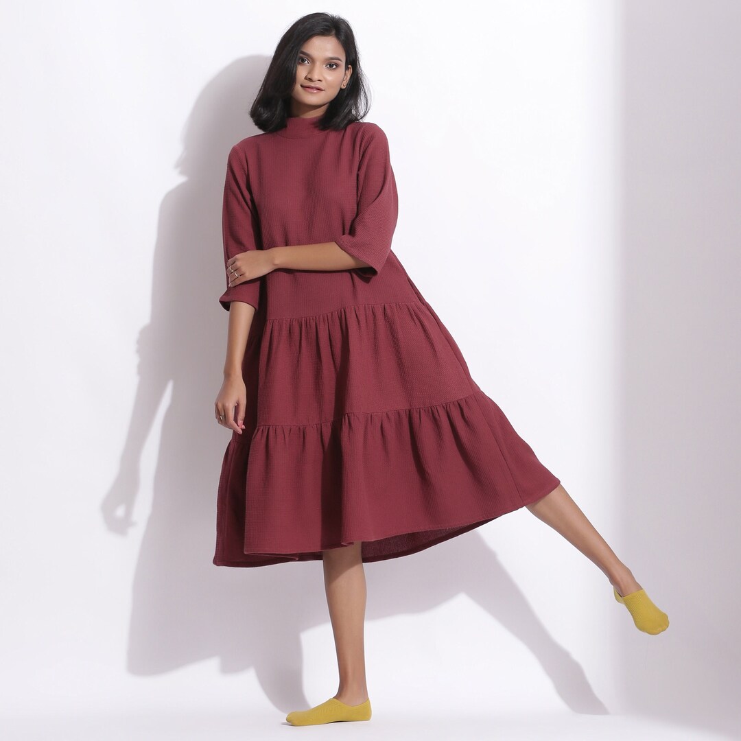 100% Cotton Waffle Midi Dress, Customizable Dress for Women, Loose Fit ...
