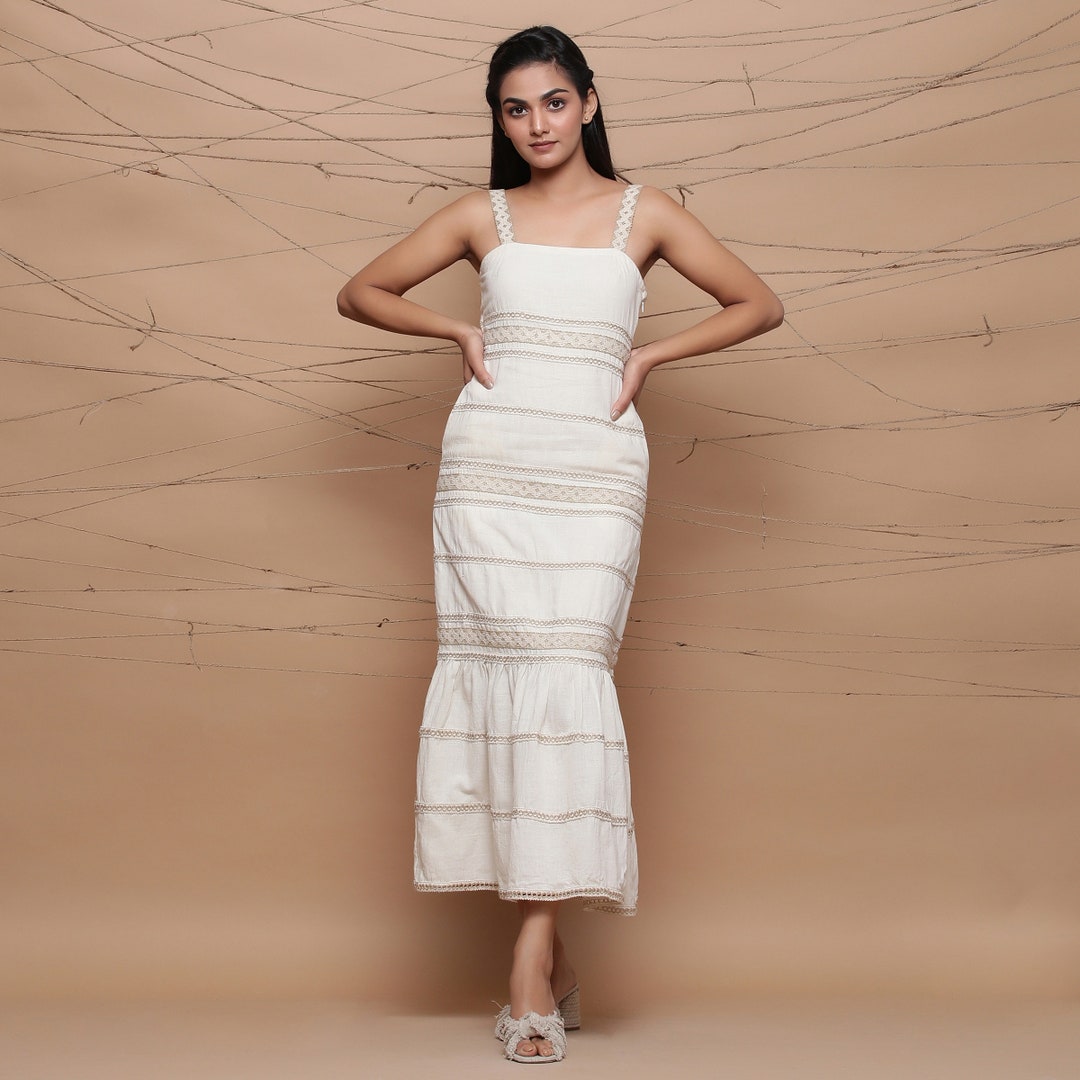 Jute Lace Handspun Sheath Dress, Cotton Muslin Midi Dress, Customizable ...