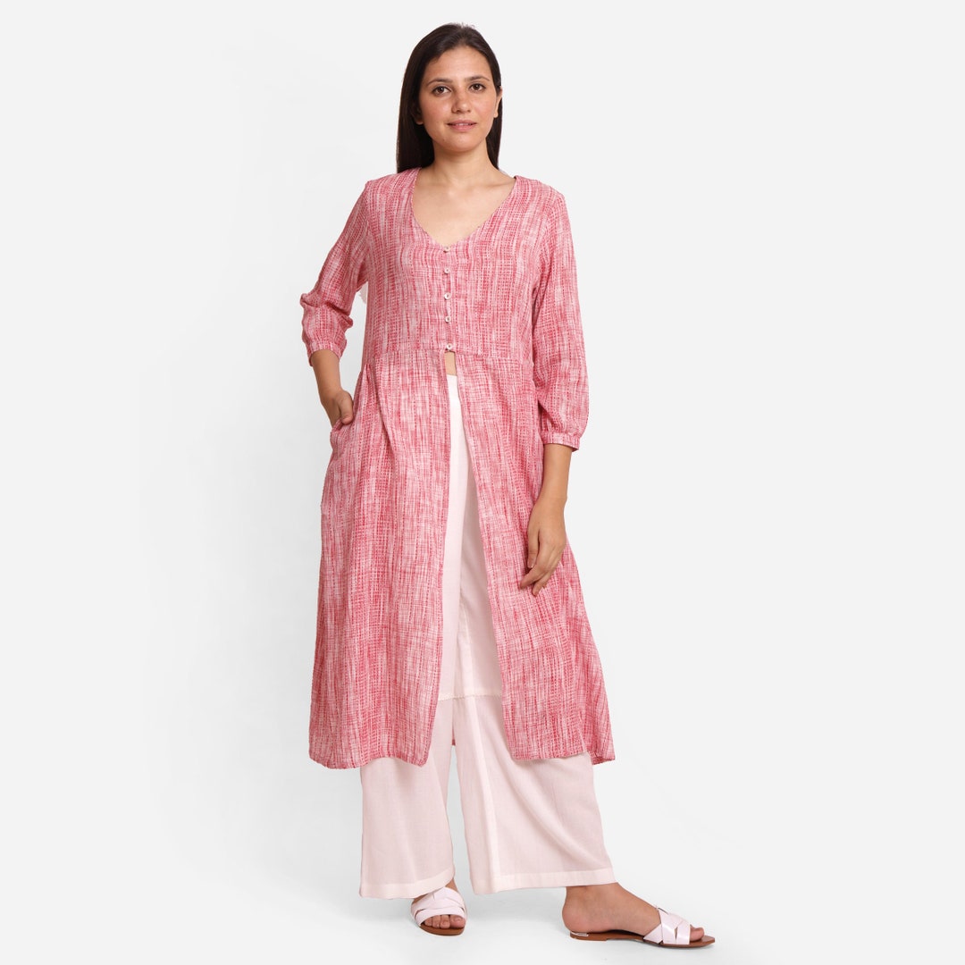 Red 100% Cotton Overlay, Button-down Overlay With Pockets, V-neck ...