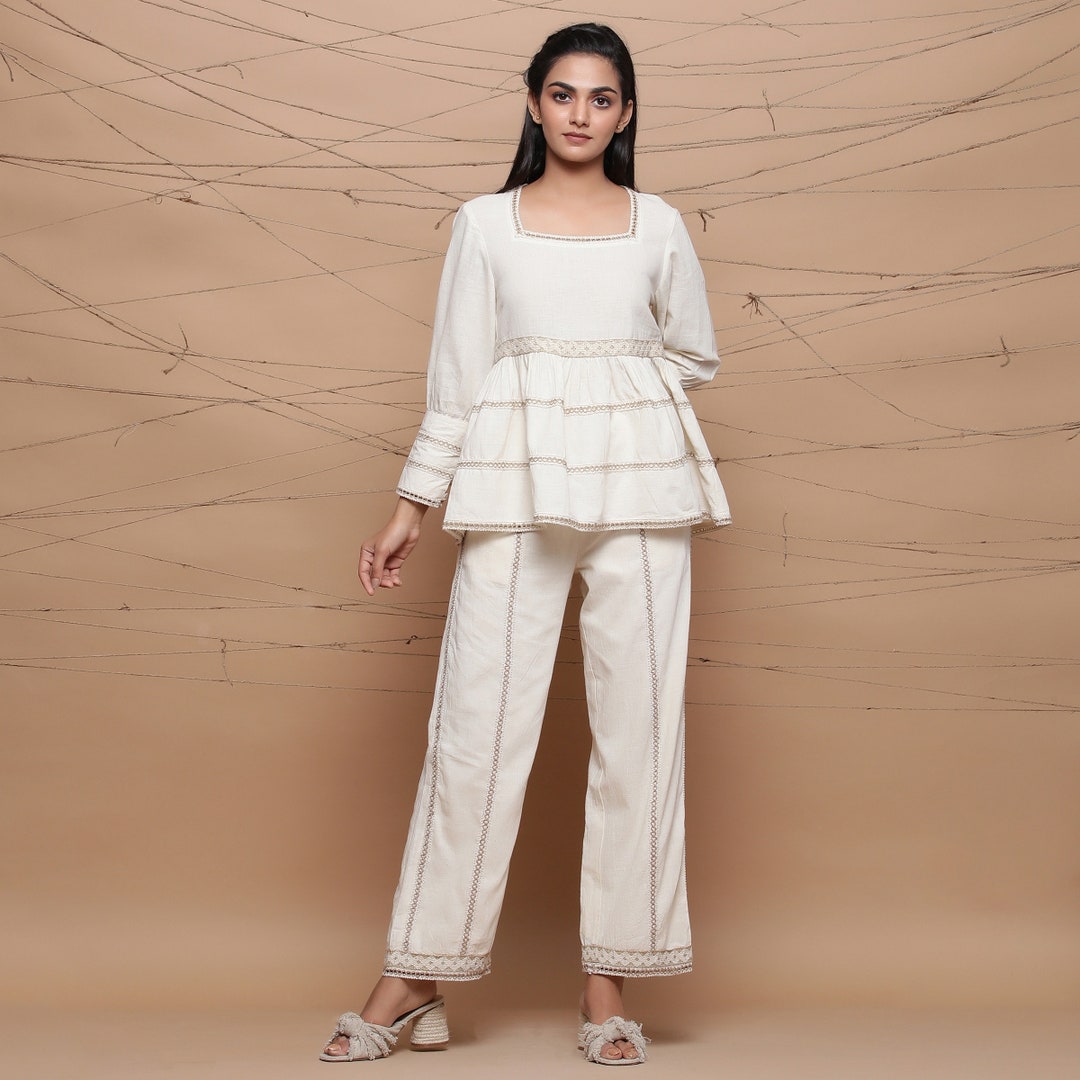 Chic Jute Laced Peplum Top and Pant Set, Cotton Muslin Matching Co-ord ...