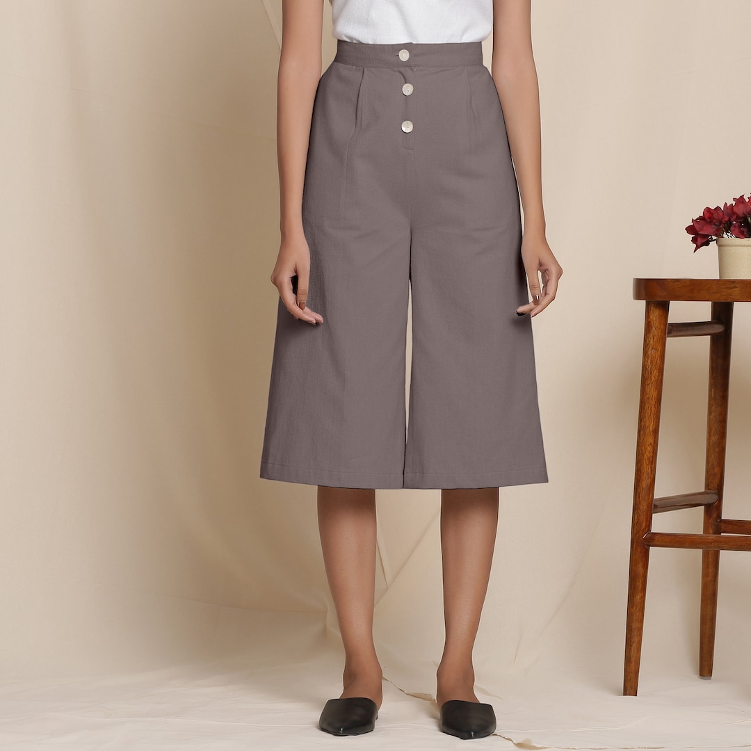 100% Cotton Flannel Grey Culottes, Capri Pants, Mid-rise Culottes ...