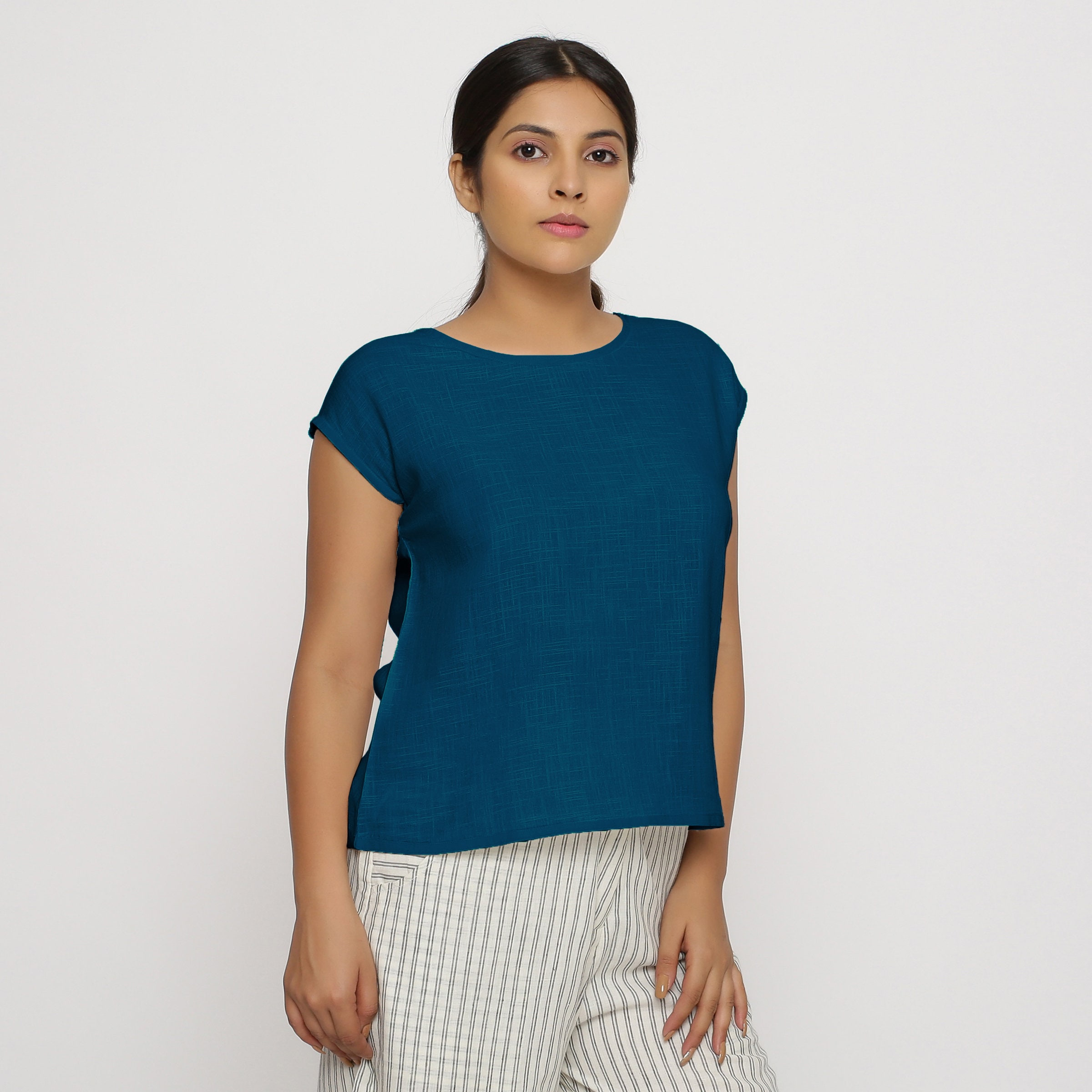 Round Neck 100% Cotton Top, Solid Pattern Top, Drop Shoulder Sleeves ...