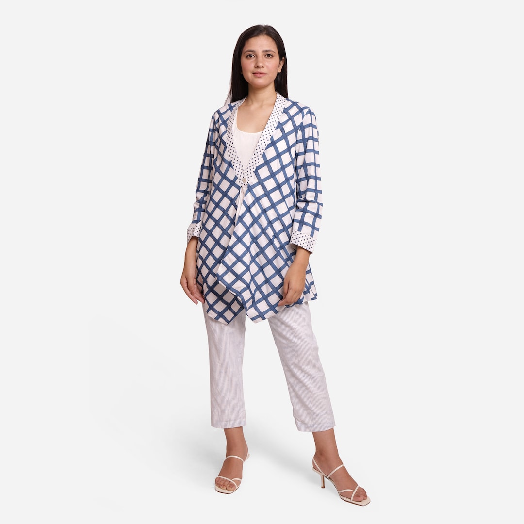 Navy Blue 100% Cotton Block Print Shrug, Short Shawl Collar Shrug ...