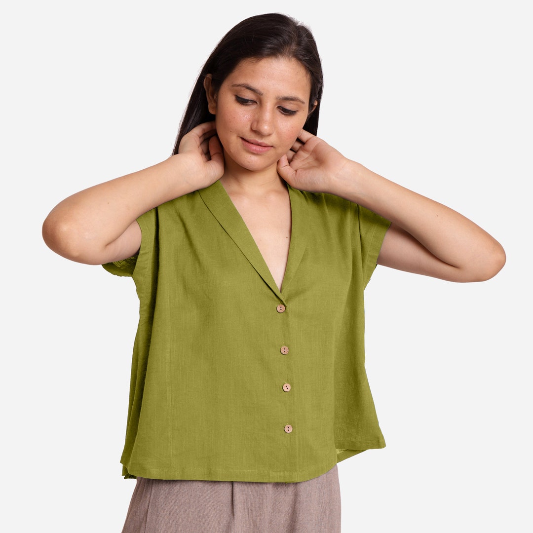 Olive Green 100% Cotton Drop Shoulder Top, Paneled Top, Customizable ...
