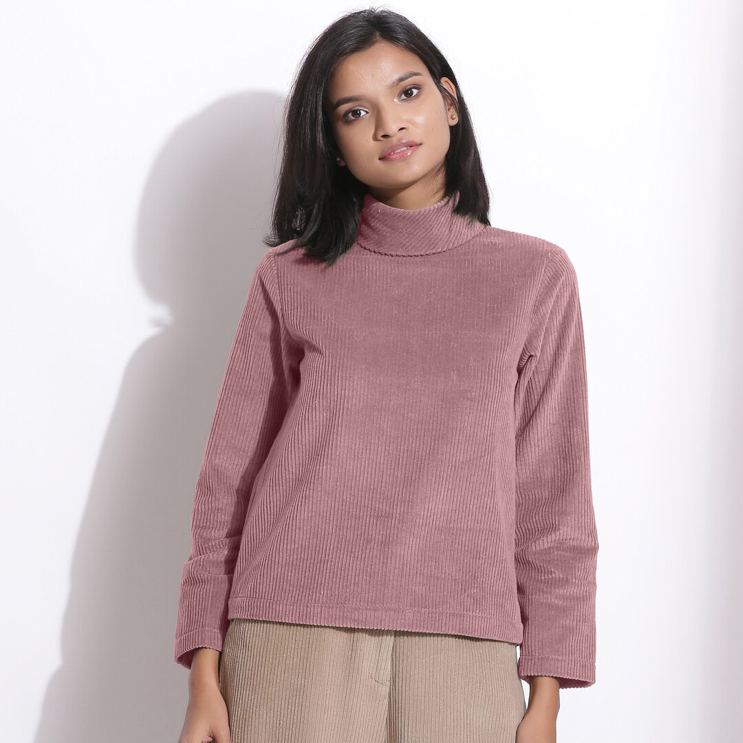 High Neck Top, 100% Cotton Corduroy Top, Relaxed Turtleneck Top ...