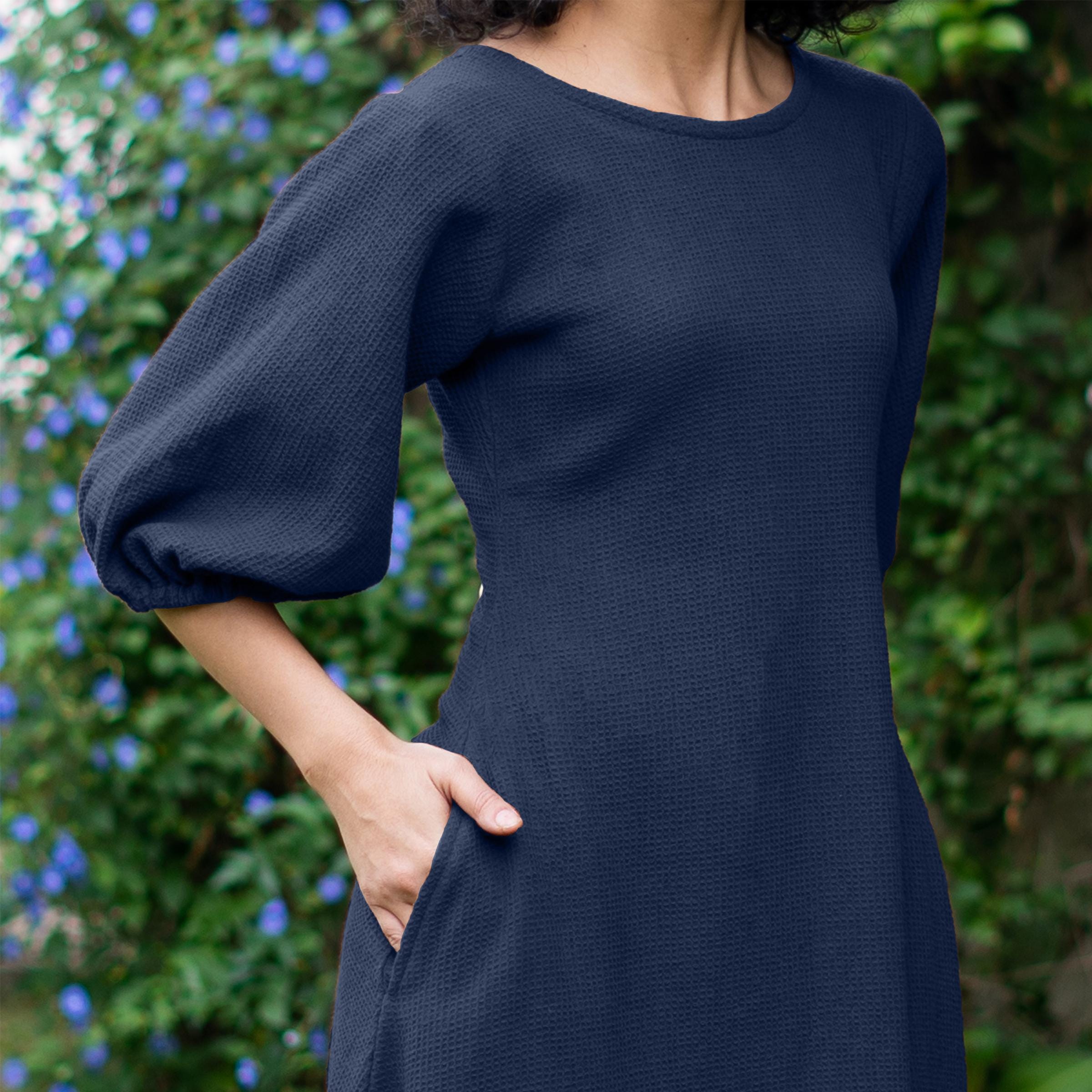 Navy Blue Waffle Maxi Dress, Fit & Flare Cotton Dress With Pockets ...