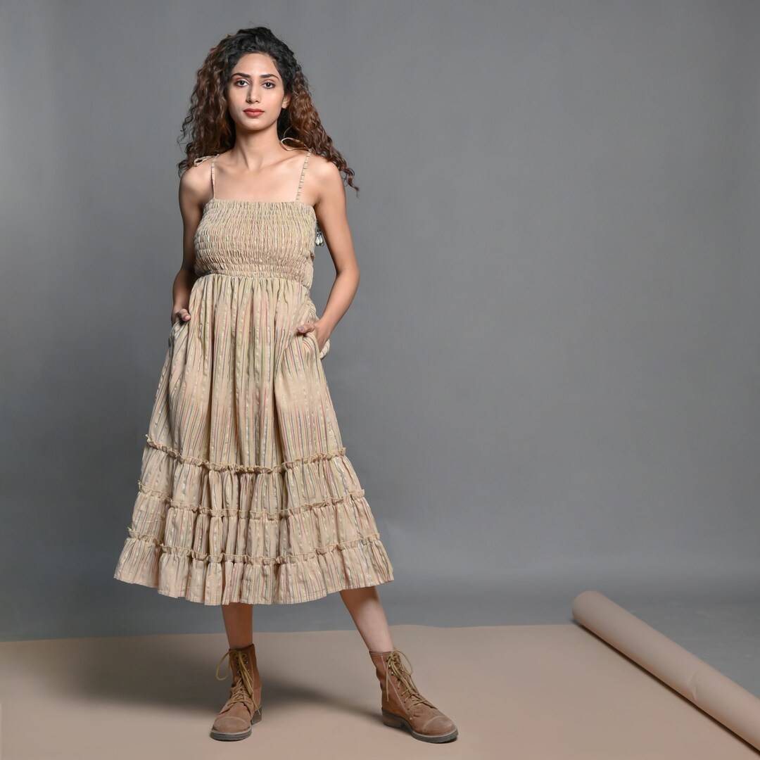Beige Cotton Midi Dress, Bohemian Sundress, Tier Dress, Customizable ...