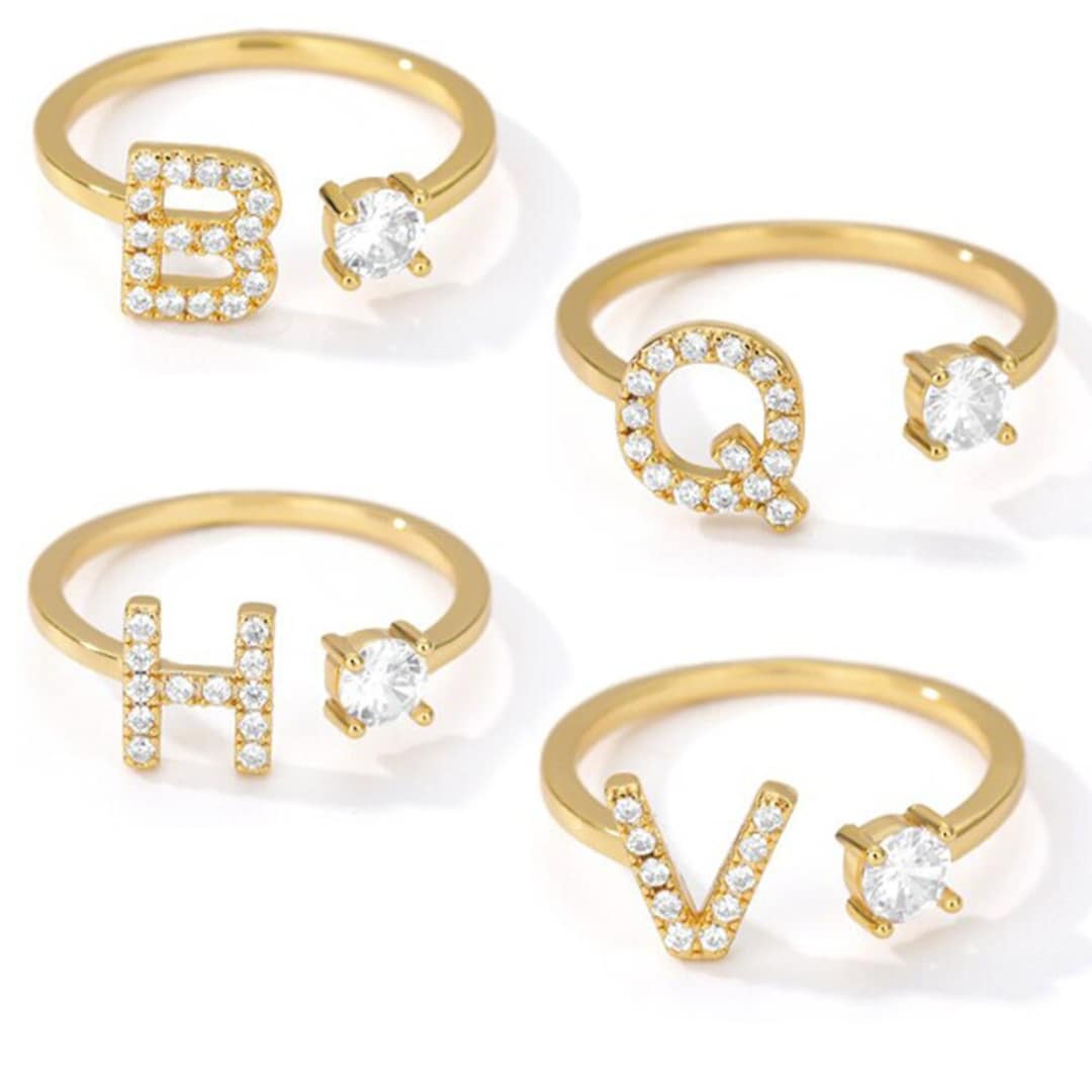 14k Gold Plated Letter Ring Adjustable, Personalized Initial Letter ...
