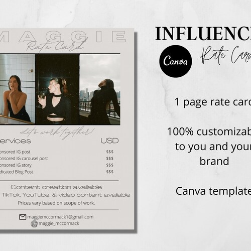 Influencer Rate Card Template 1 Page Rate Card Canva - Etsy