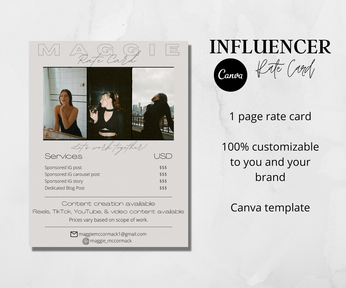 Influencer Rate Card Template | 1 Page Rate Card | Canva Template ...