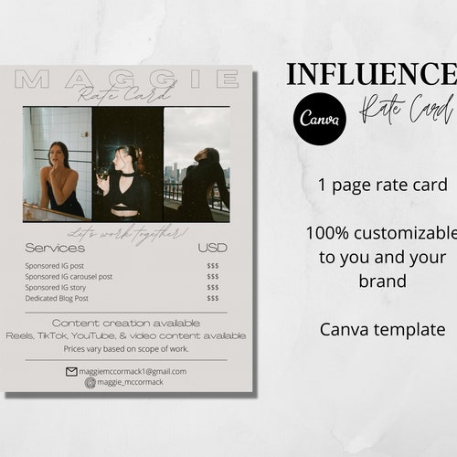 Influencer Rate Card Template 1 Page Rate Card Canva - Etsy