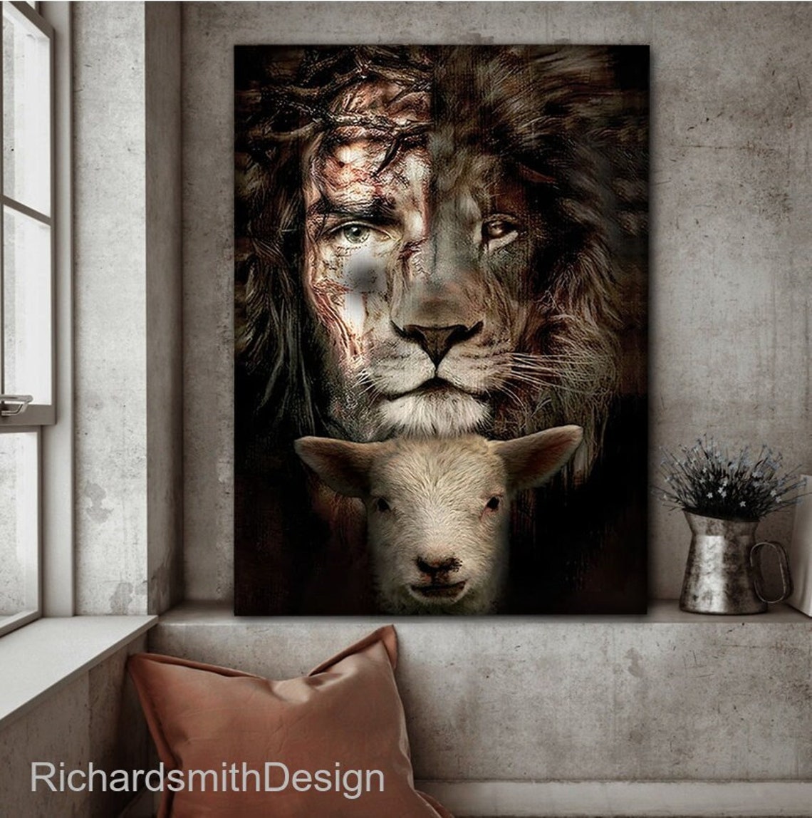 Jesus Lion And Lamb Canvas Wall Art God Christ | Etsy