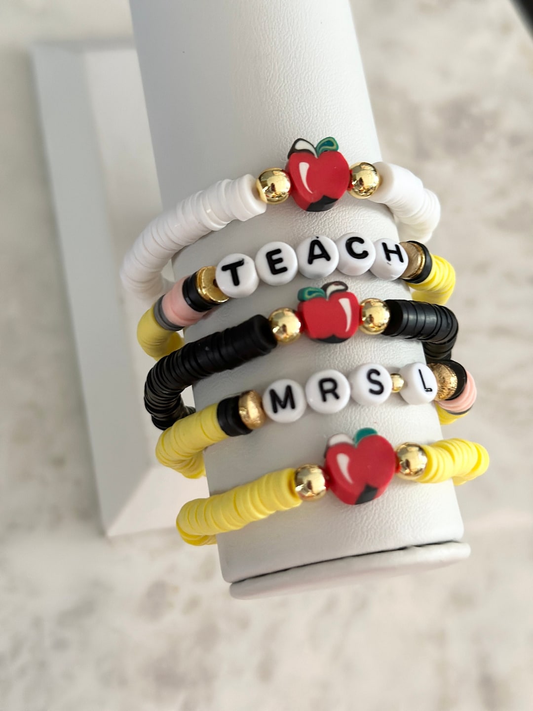 TEACH Heishi Bracelet W/ Gold Accents | Single Bracelet | Polymer Clay Disc Stretch Bracelet ...