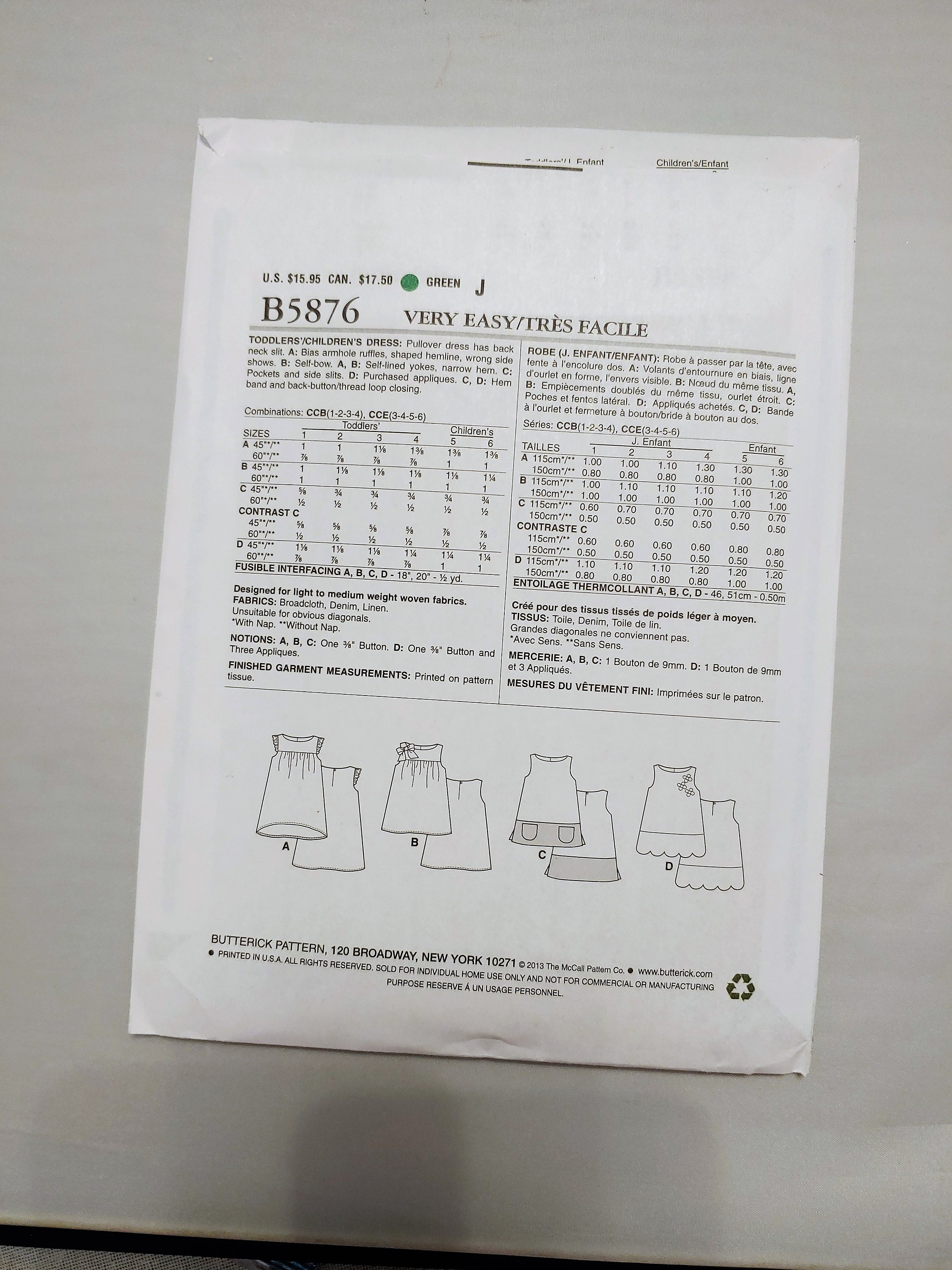 Butterick Pattern, Fast and Easy Fitting, Toddlers Dress, 4 Styles ...