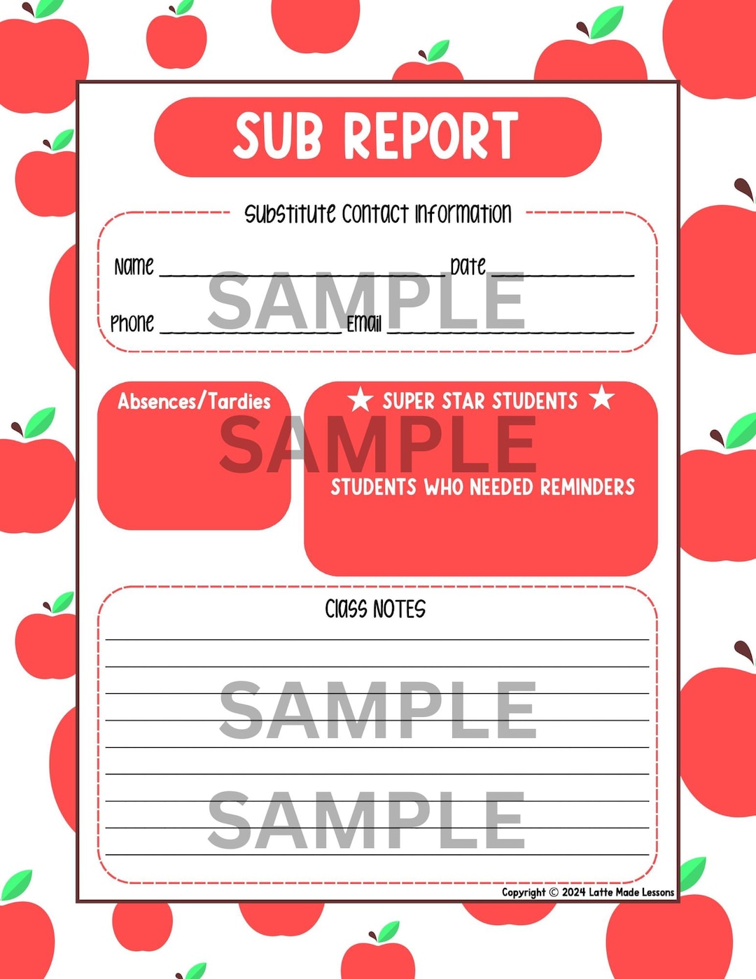 Substitute Report Template for Elementary Grades (prek-6th) - Digital ...