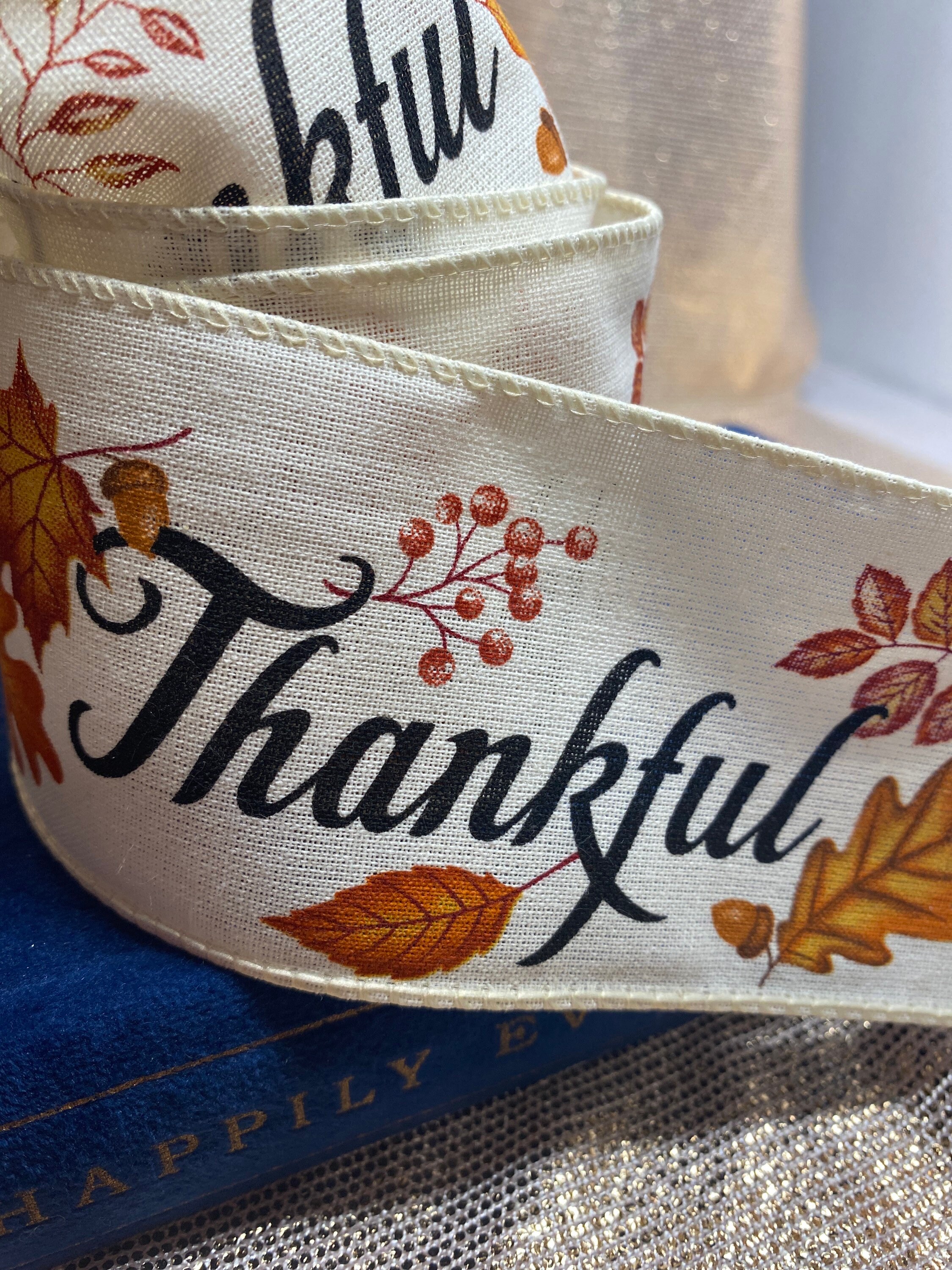Thankful Fall Harvest Wired Ribbon Autumn Leaves Canvas Ribbon - Etsy