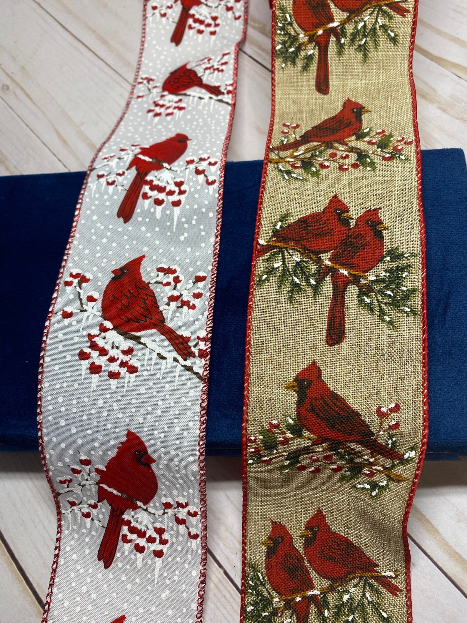 Christmas winter red cardinals wired ribbon festive cardinal | Etsy