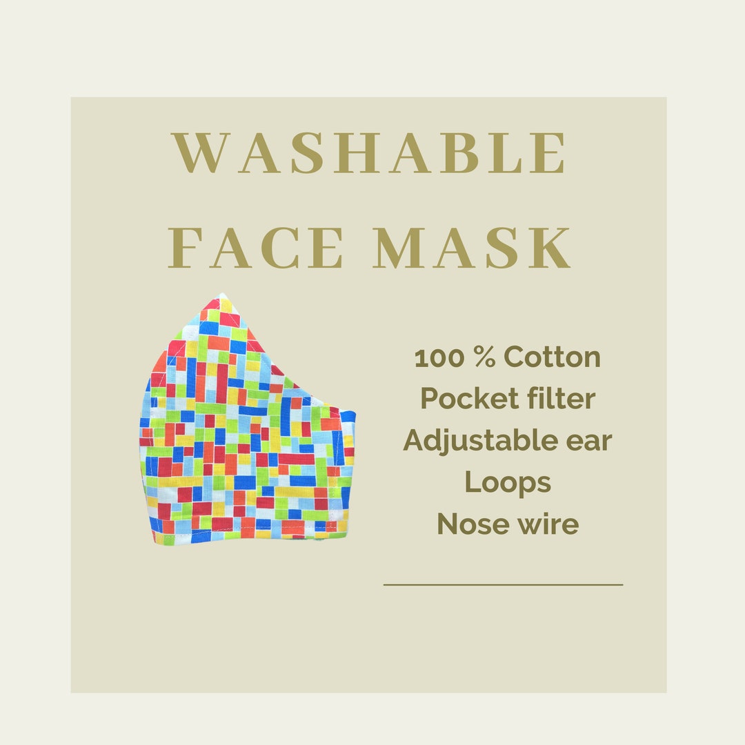 Square Pattern Red Yellow Green Face Mask Cover With Nose Wire and ...
