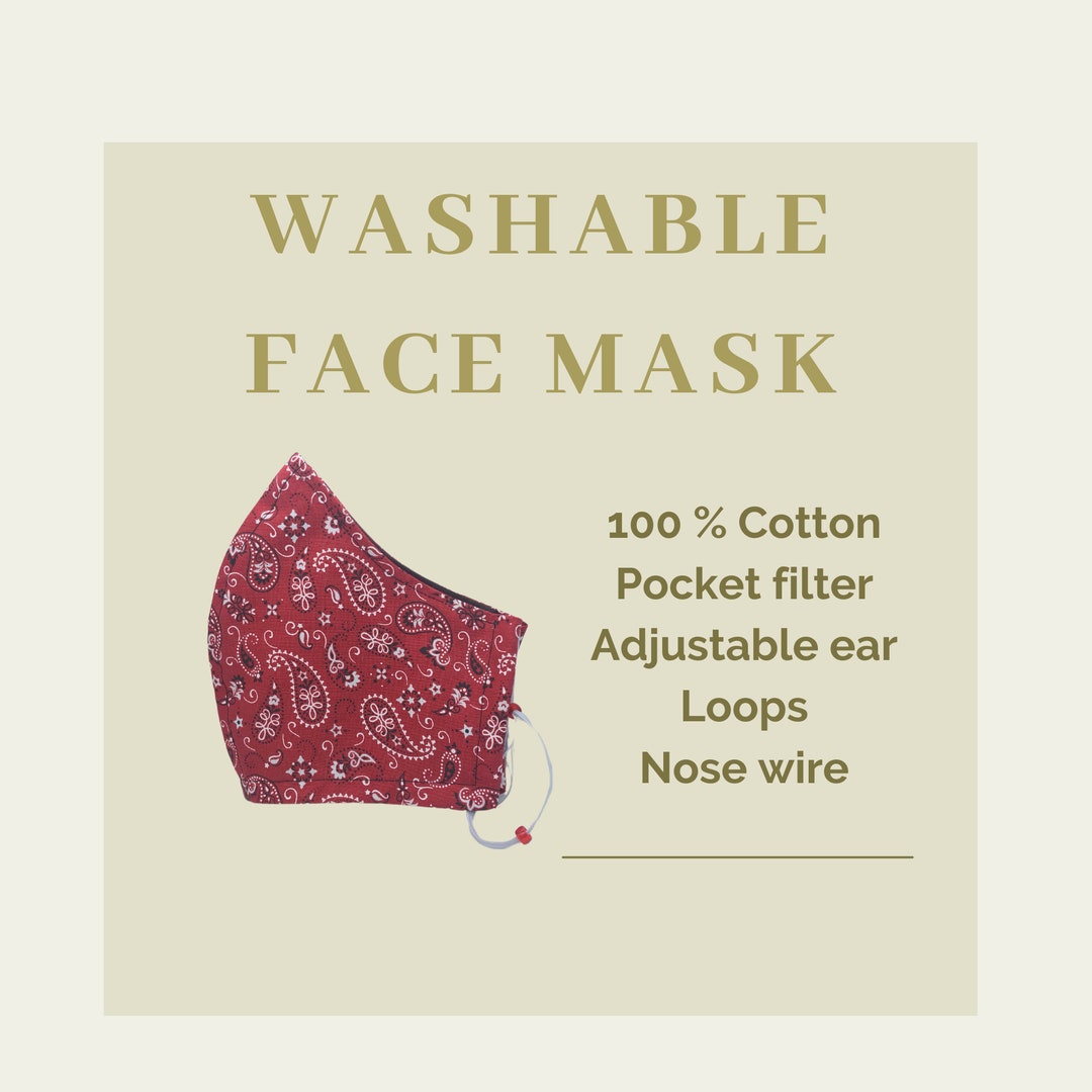 Red Paisley Washable Face Mask Cover With Nose Wire and Filter Pocket ...