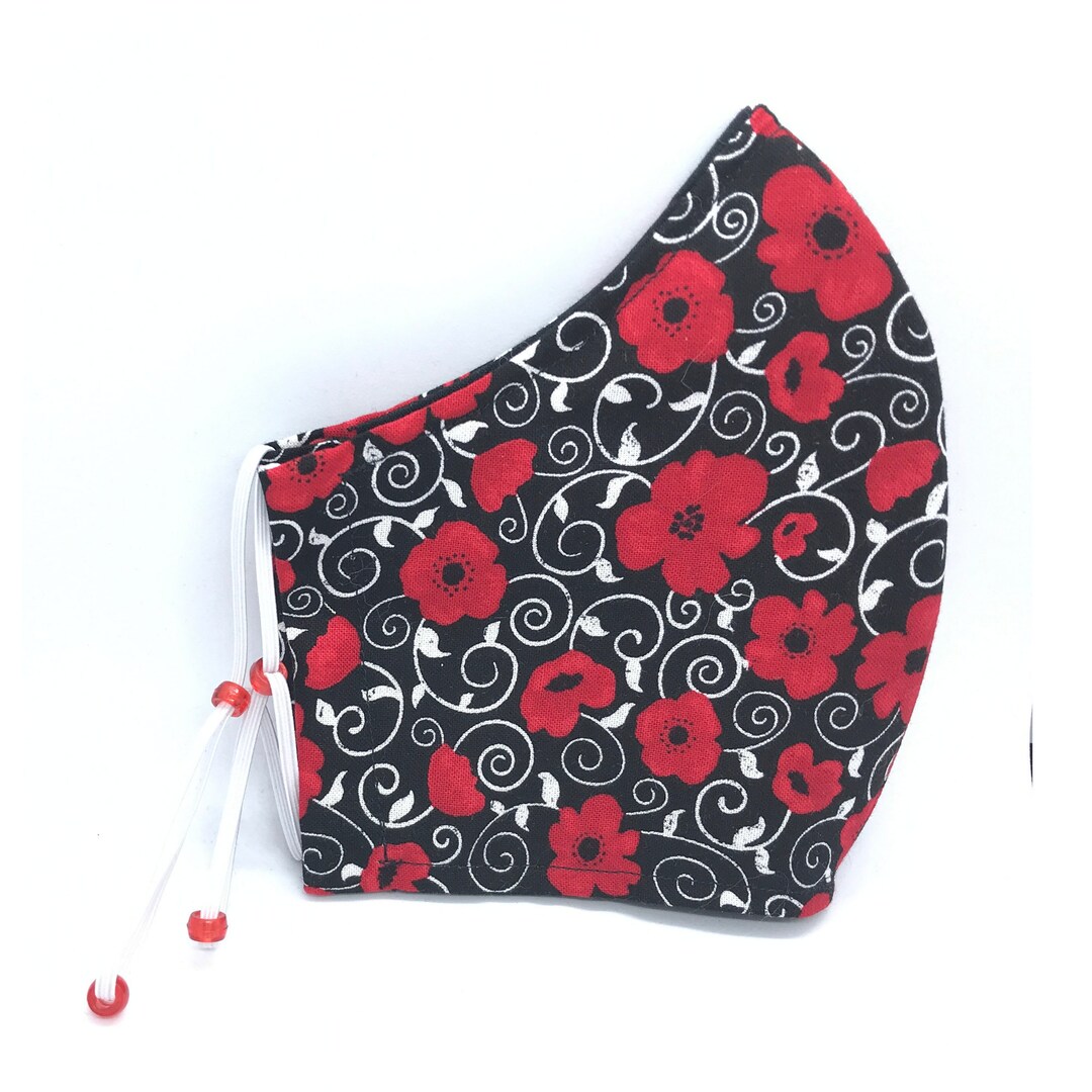 Black Red Poppy Face Mask Cover With Nose Wire and Filter Pocket • XS ...