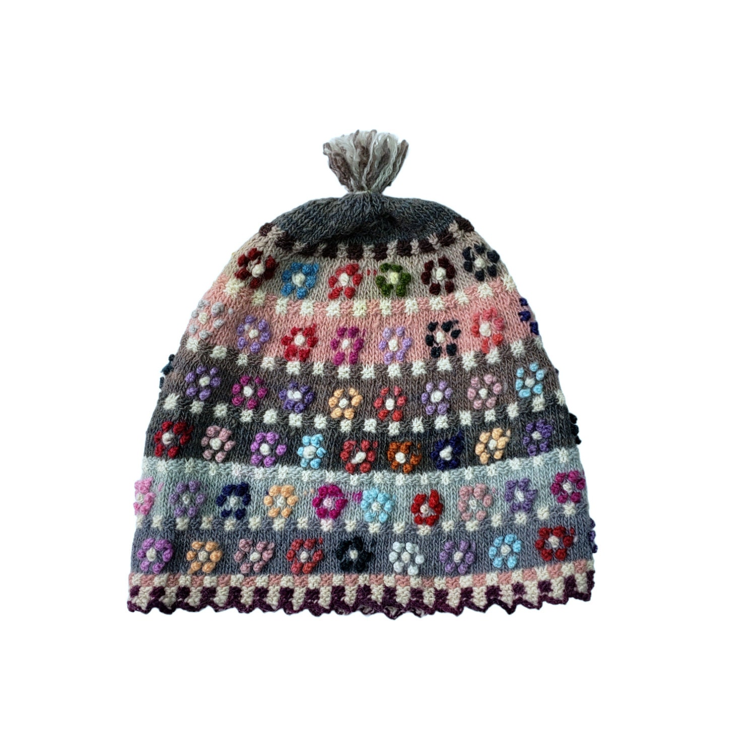 Handmade Peruvian Wool Beanie, Natural Dye, Floral Knit - Etsy