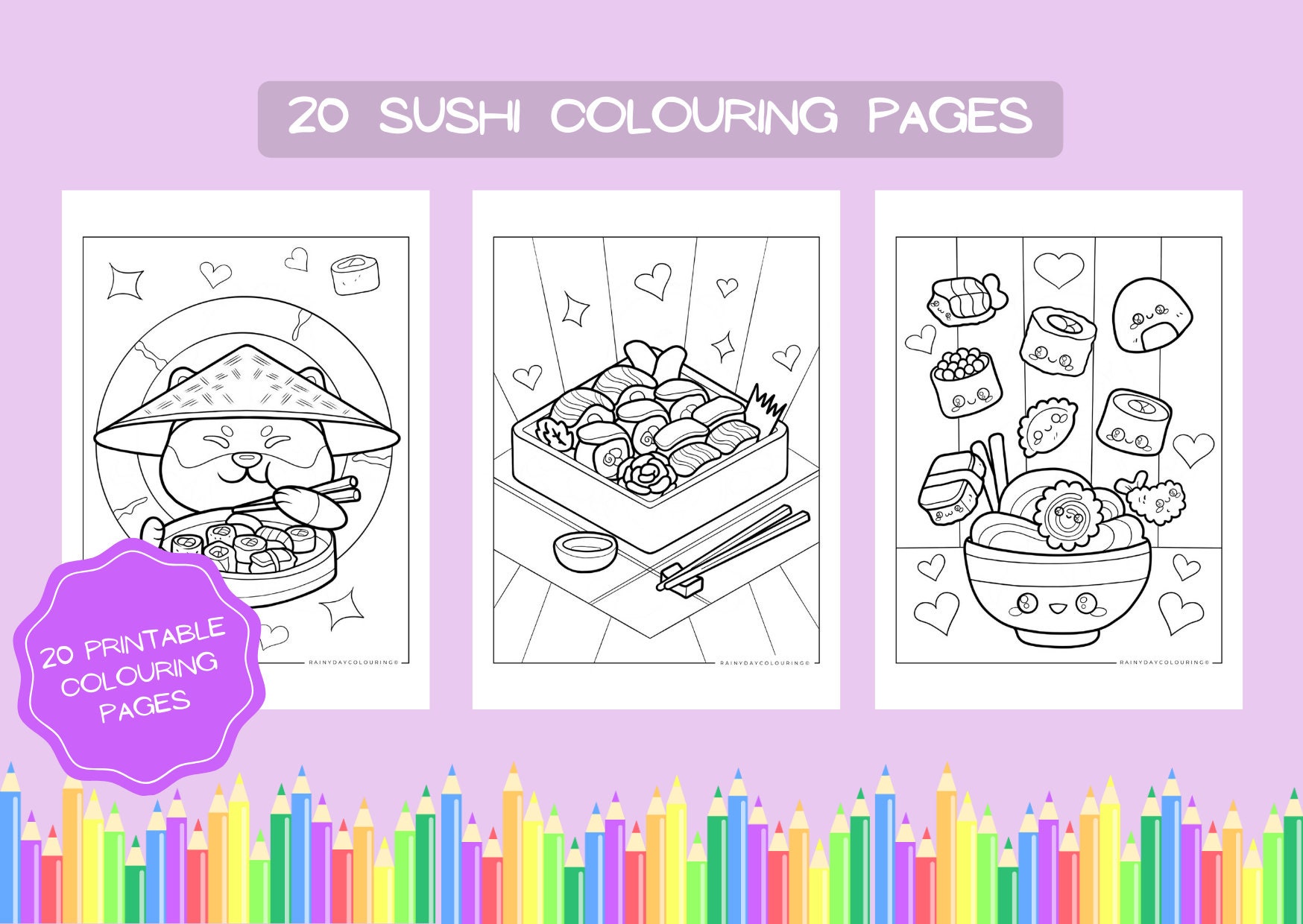 Sushi Colouring Pages for Kids and Teens, 20 Kawaii Printable Pages ...