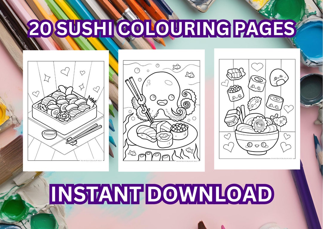 Sushi Colouring Pages Digital Set, Kawaii Food Coloring Sheets ...