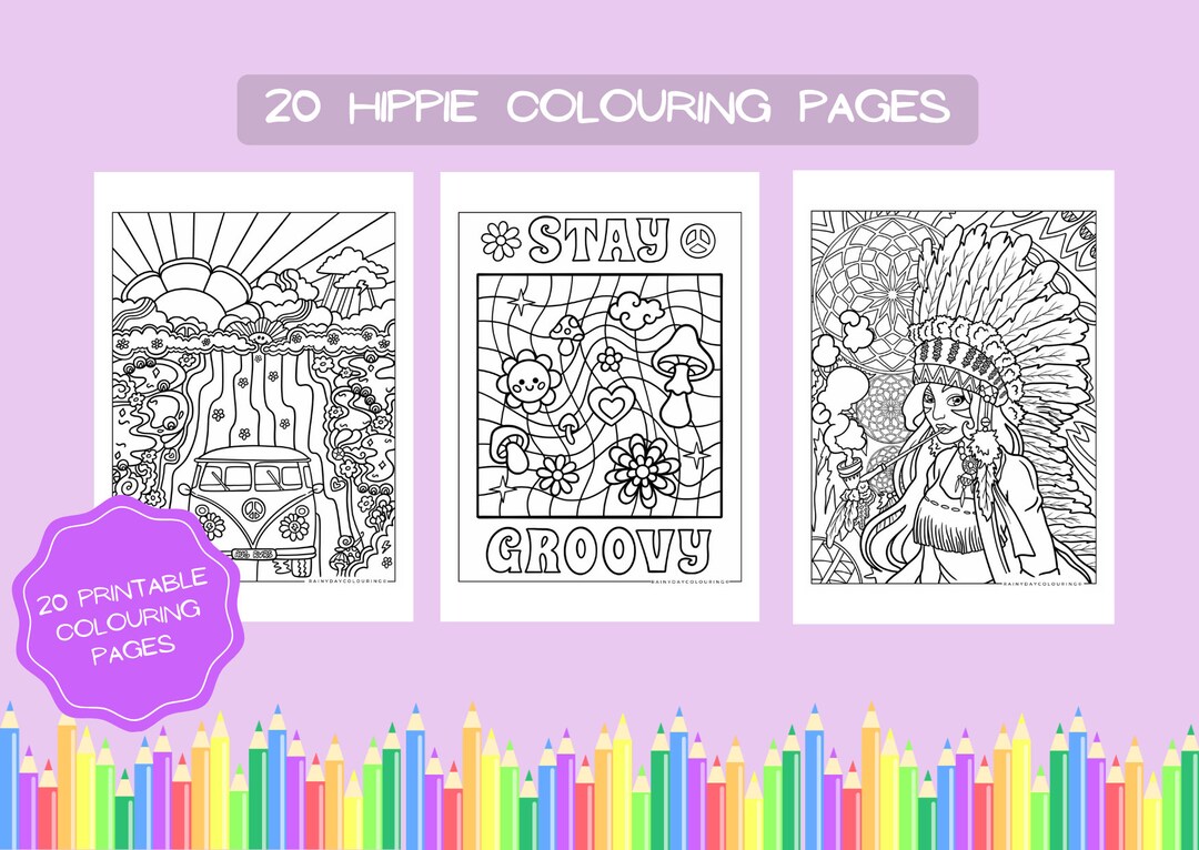 Hippie Colouring Pages for Kids and Teens, 20 Printable Pages for ...