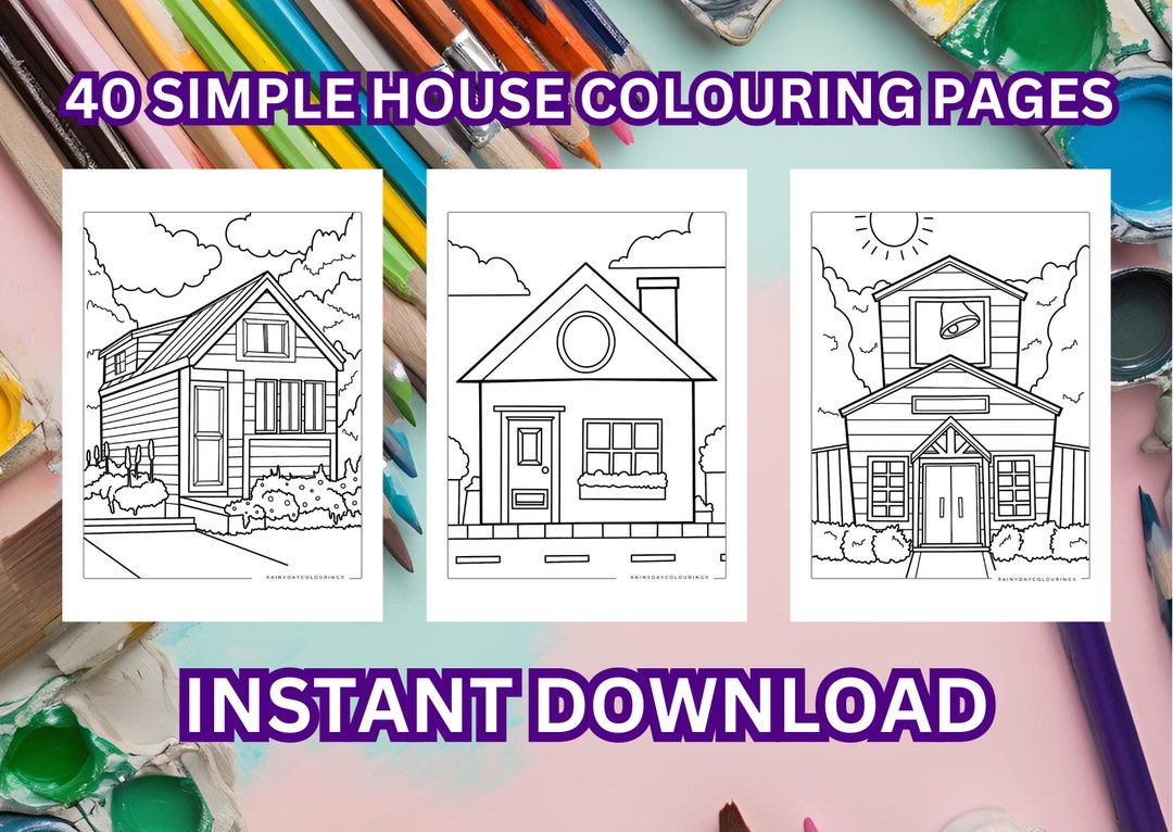 Simple House Colouring Pages Pack of 40, Printable Digital Colouring ...