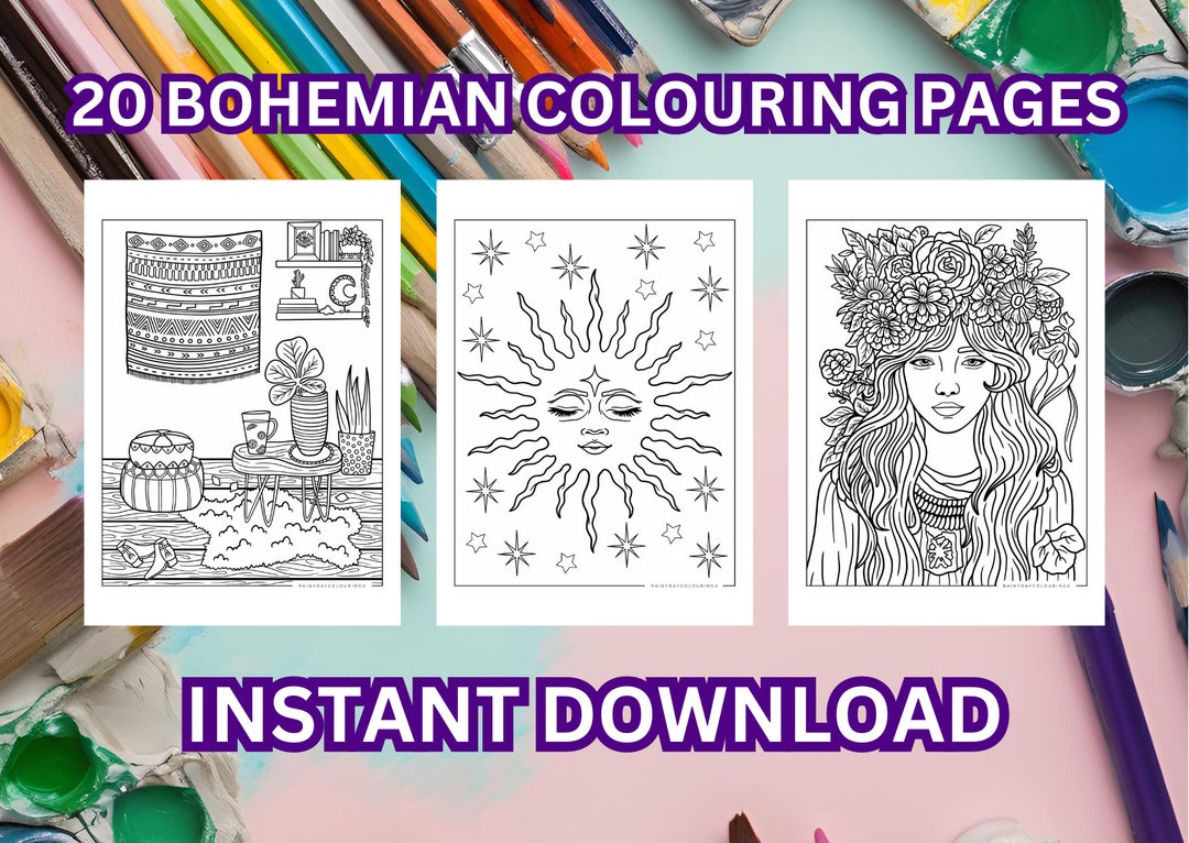 Bohemian Colouring Pages for Kids and Teens, 20 Printable Page, Hippy ...