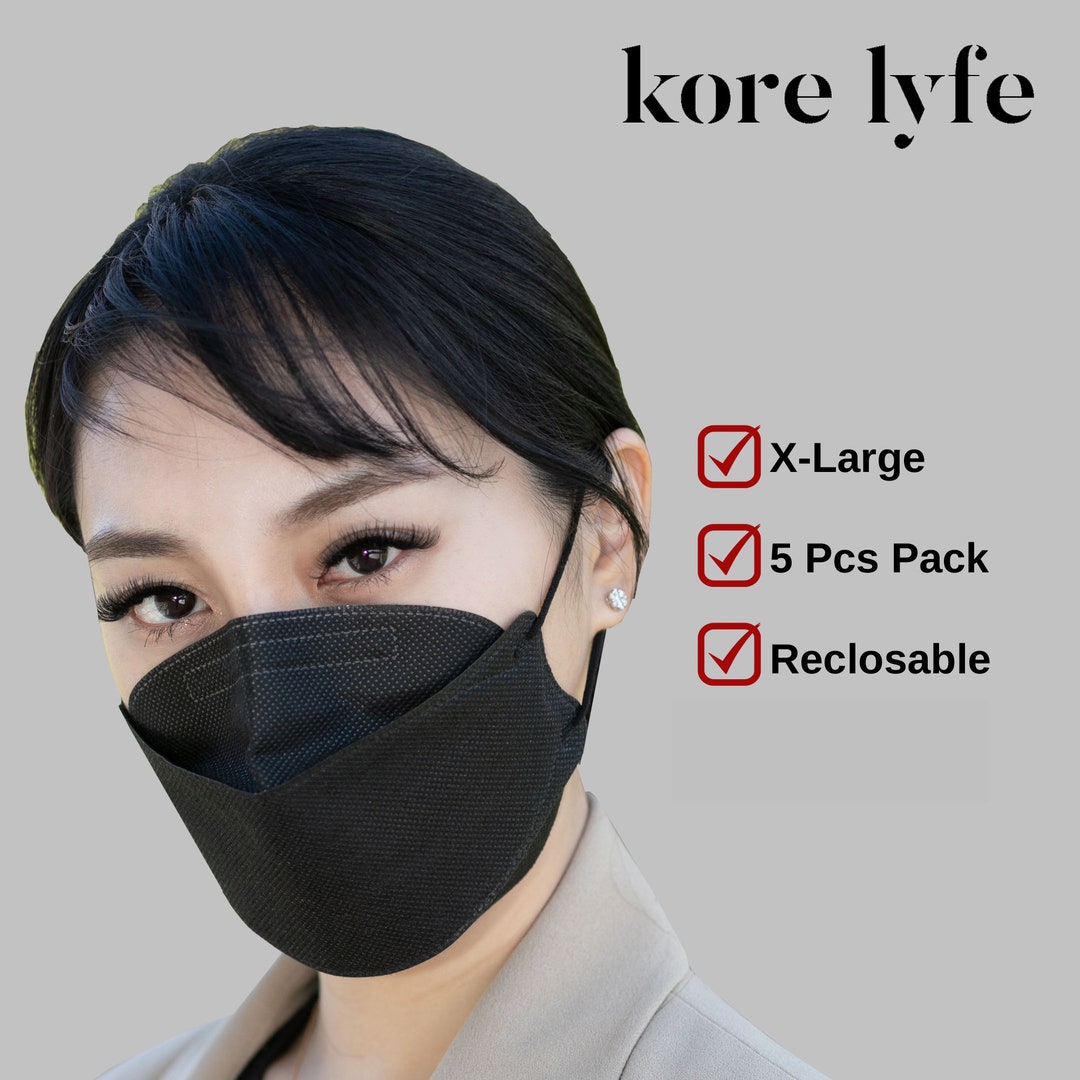 25% Larger KF94 Face Mask X-large Black in 5 PCS Reclosable Package Breathable Premium Quality ...