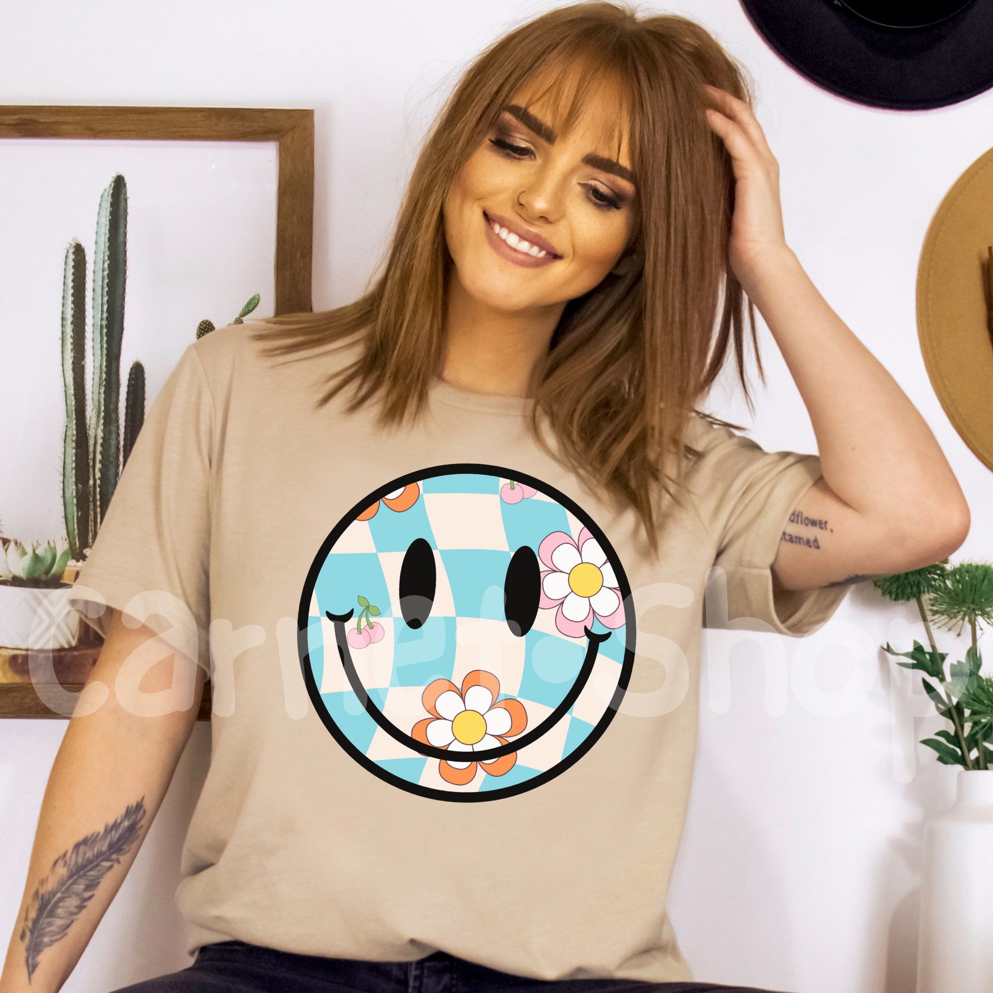 Floral Retro Smiley Face PNG Checkered Smiley Face Download - Etsy