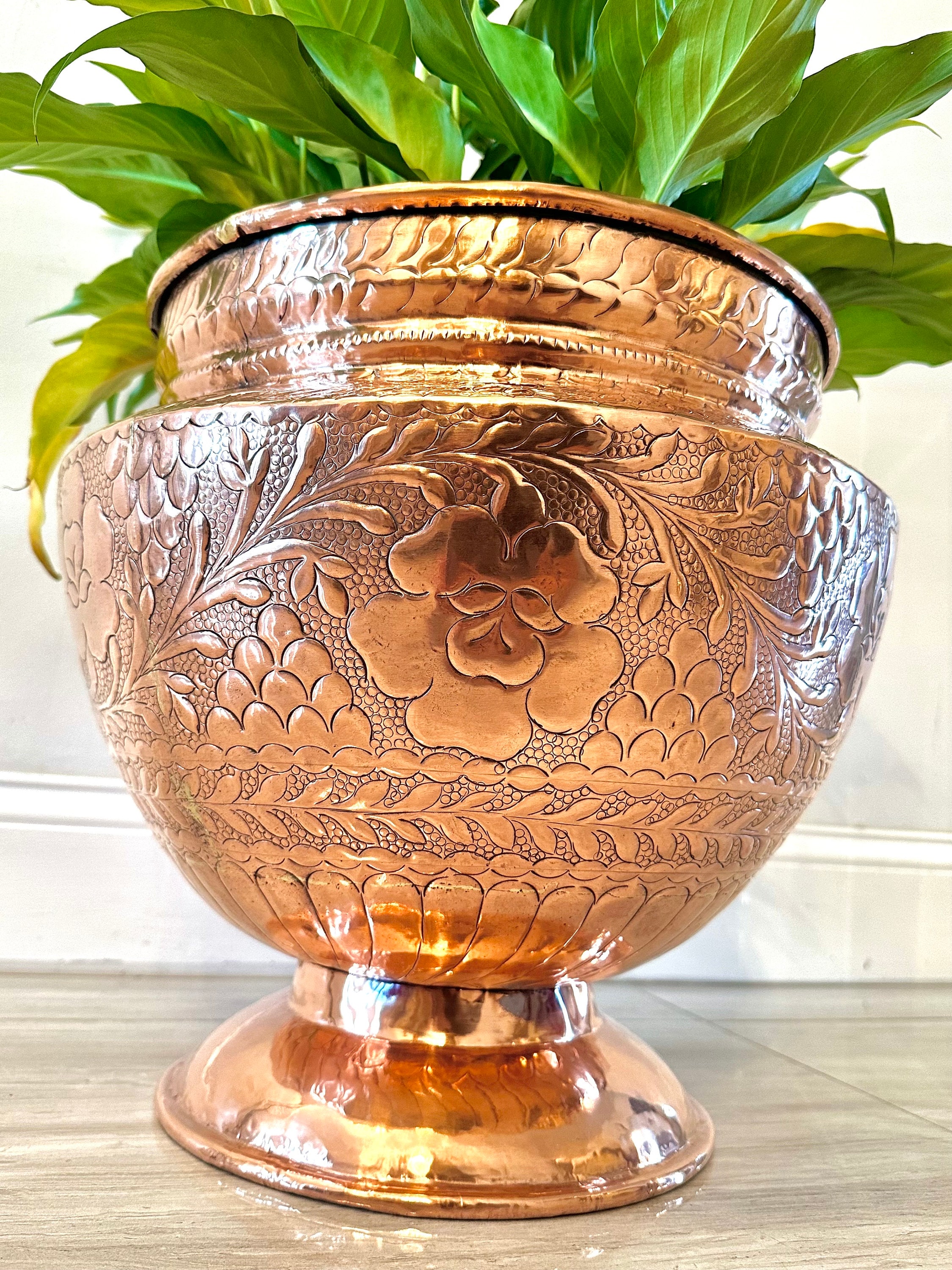 Vintage 17 Inch Copper Flower Pot Hand Engraved Copper Planter Antique ...