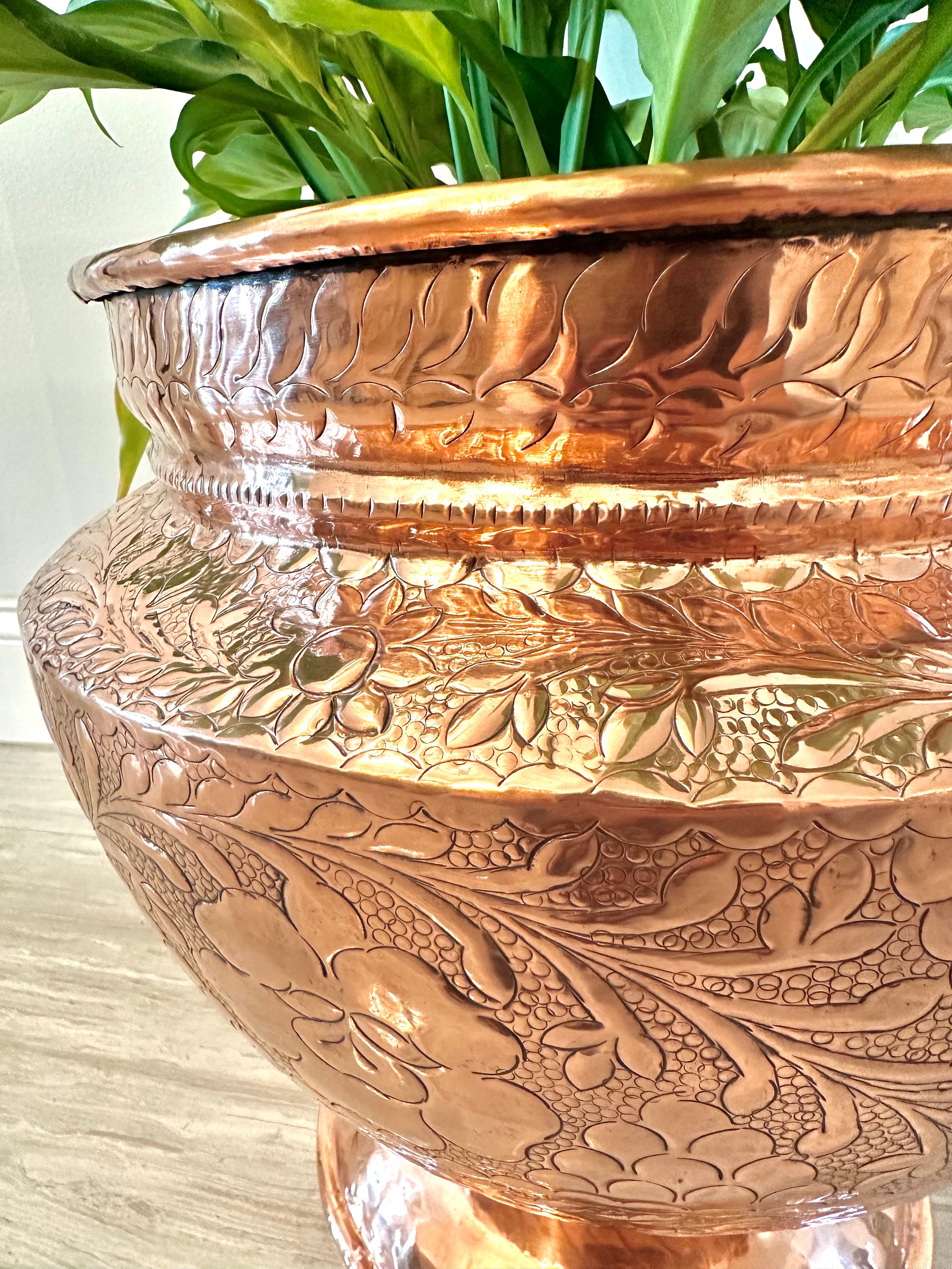 Vintage 17 Inch Copper Flower Pot Hand Engraved Copper Planter Antique ...