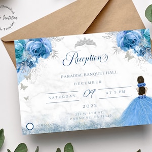 Light Blue and Silver Reception Card Template, Match With Quinceanera ...