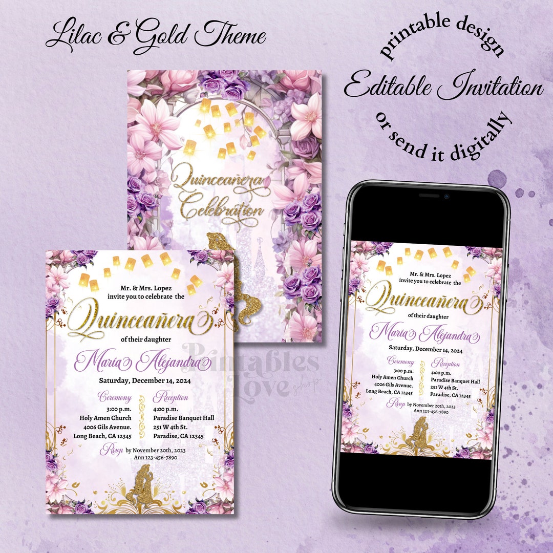 Rapunzel Quinceanera Invitation: Tangled Princess, Lilac Flowers ...