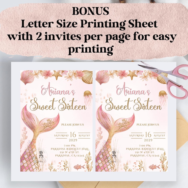 Mermaid Tail Sweet 16 Invitation | Rose Gold & Gold | Digital ...