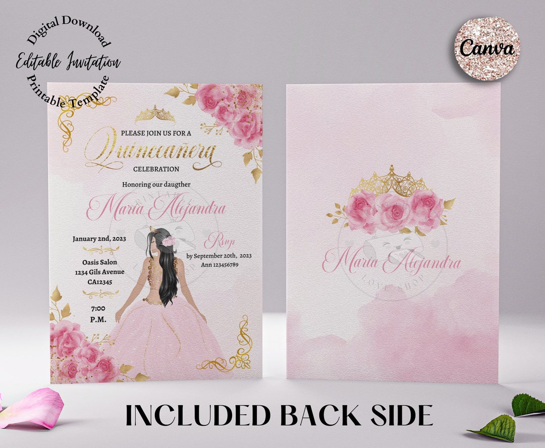 5x7 Blush Pink Quinceanera Invitation, Include Back Side, Editable ...